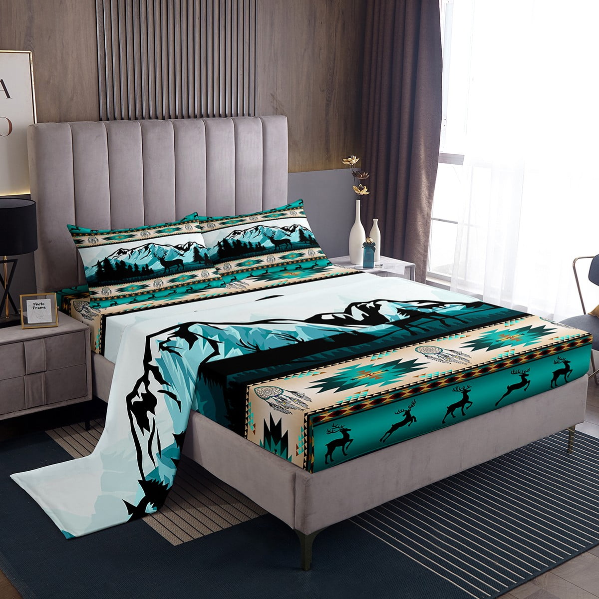 Deer Hunter Bed Sheets Set Twin Southwestern Native Aztec Western Sheet ...