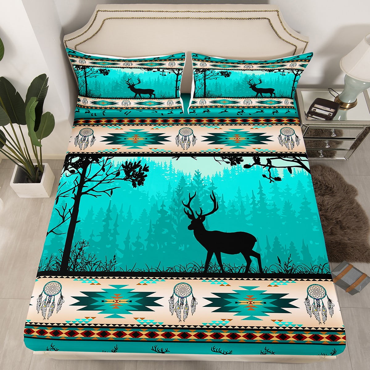 Deer Hunter Fitted Sheet Full Southwestern Aztec Western Bed Sheets ...