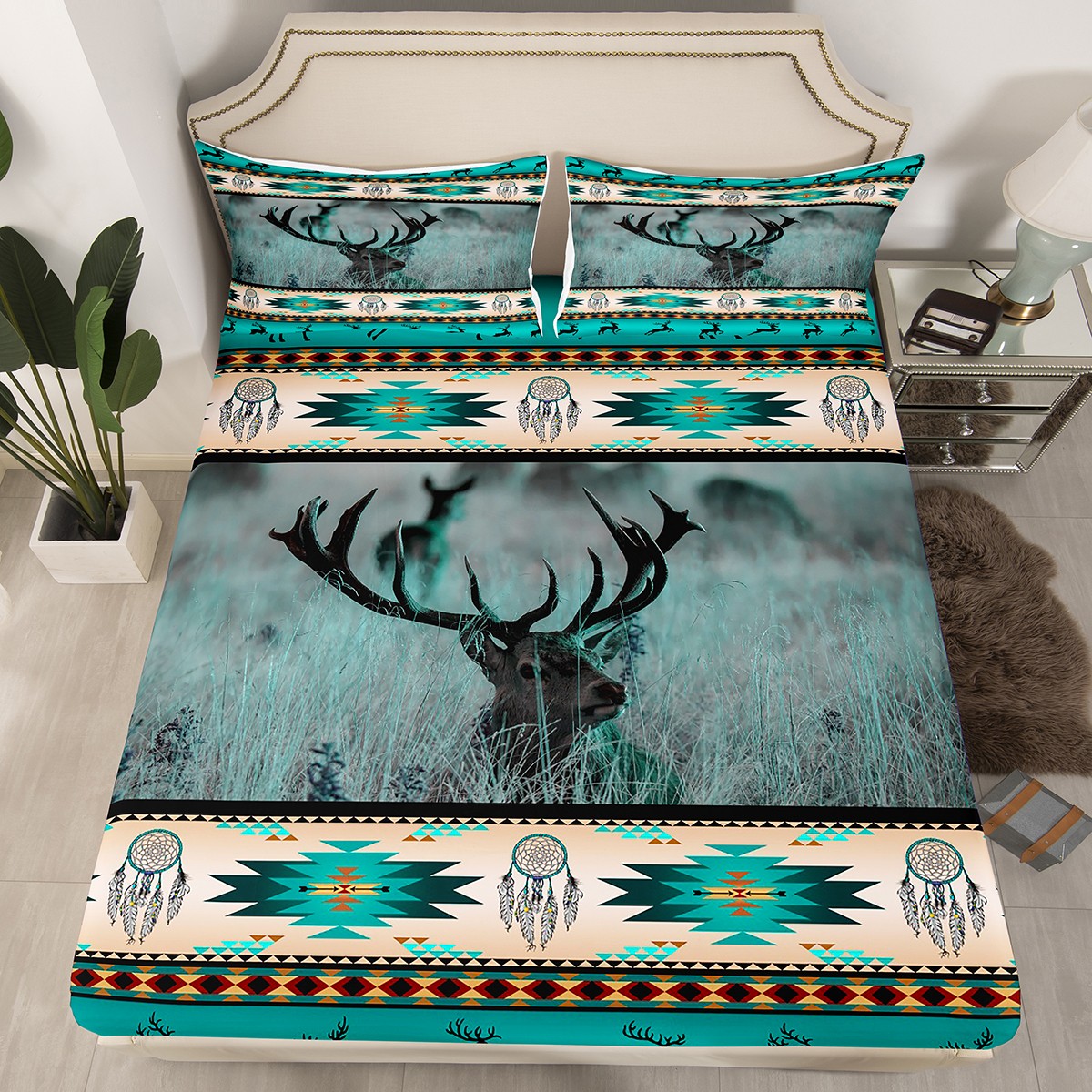 Deer Hunter Fitted Sheet Full Southwestern Aztec Western Bed Sheets ...