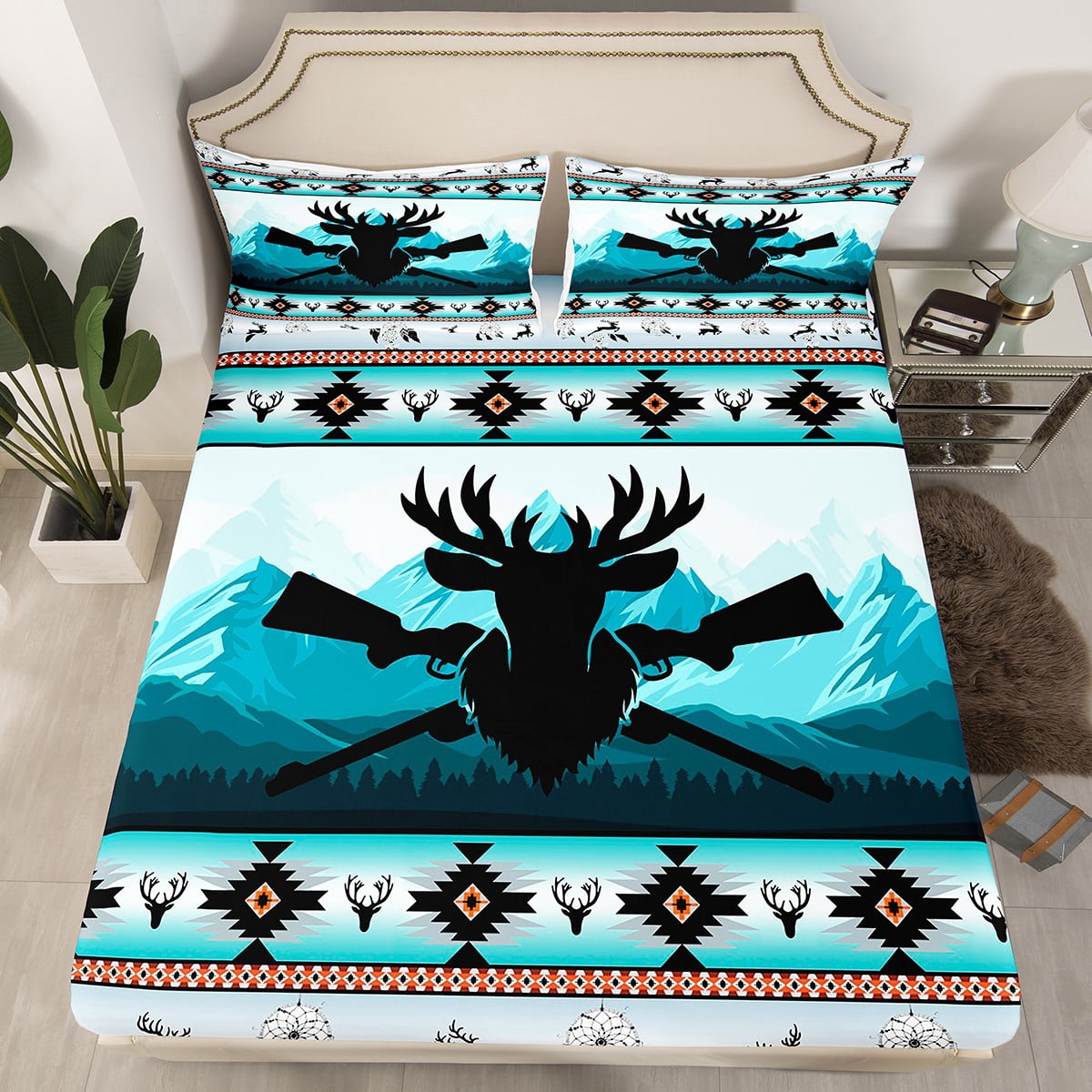 Deer Hunter Fitted Sheet Full Southwestern Aztec Western Bed Sheets ...