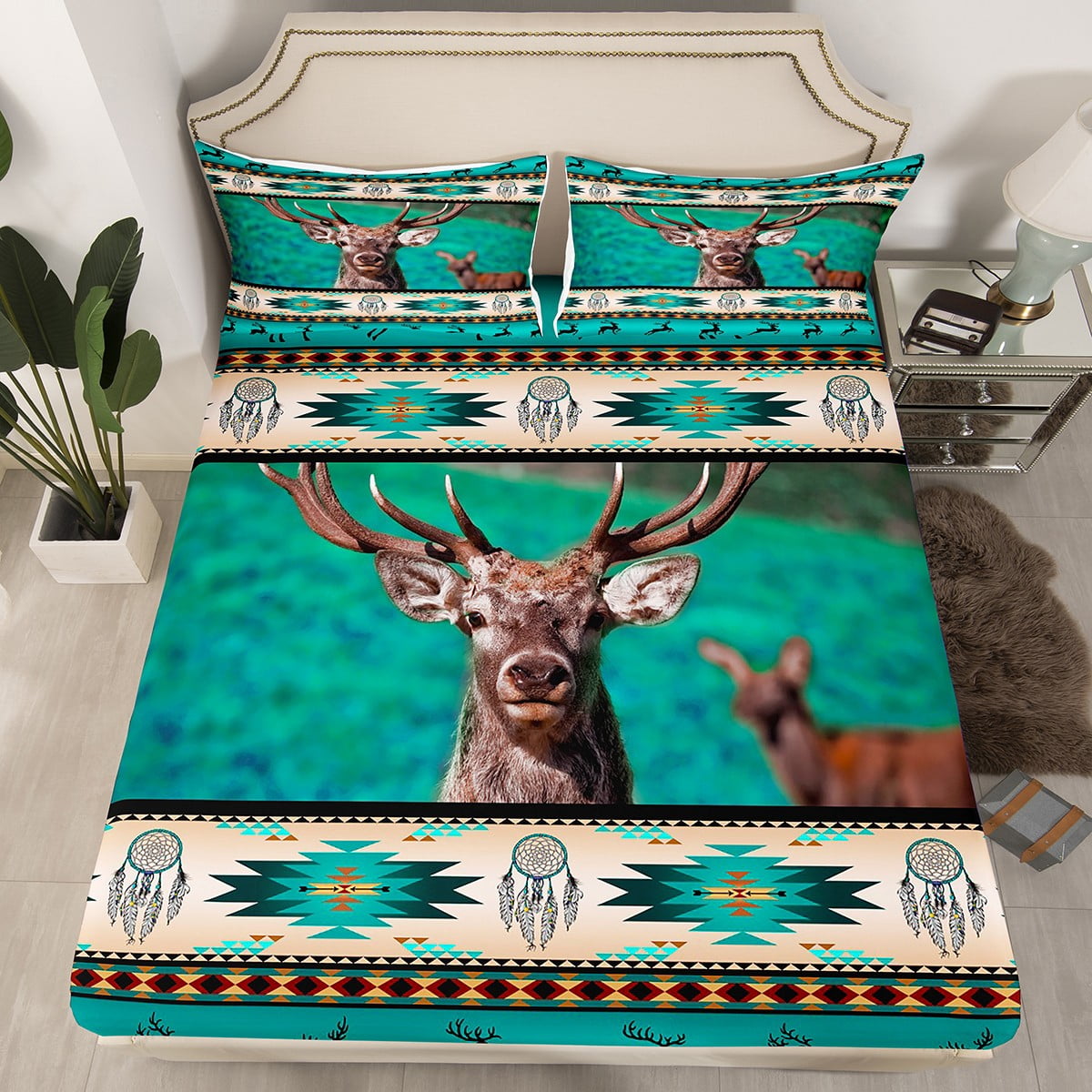 Deer Hunter Fitted Sheet Full Southwestern Aztec Western Bed Sheets ...