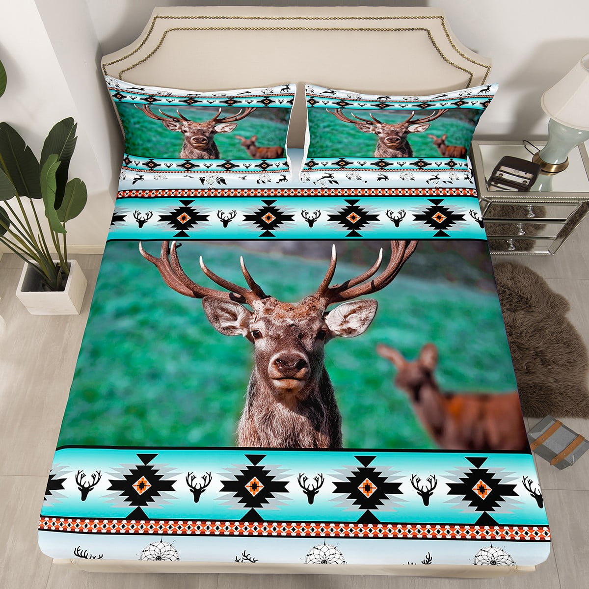 Deer Hunter Fitted Sheet Full Southwestern Aztec Western Bed Sheets ...
