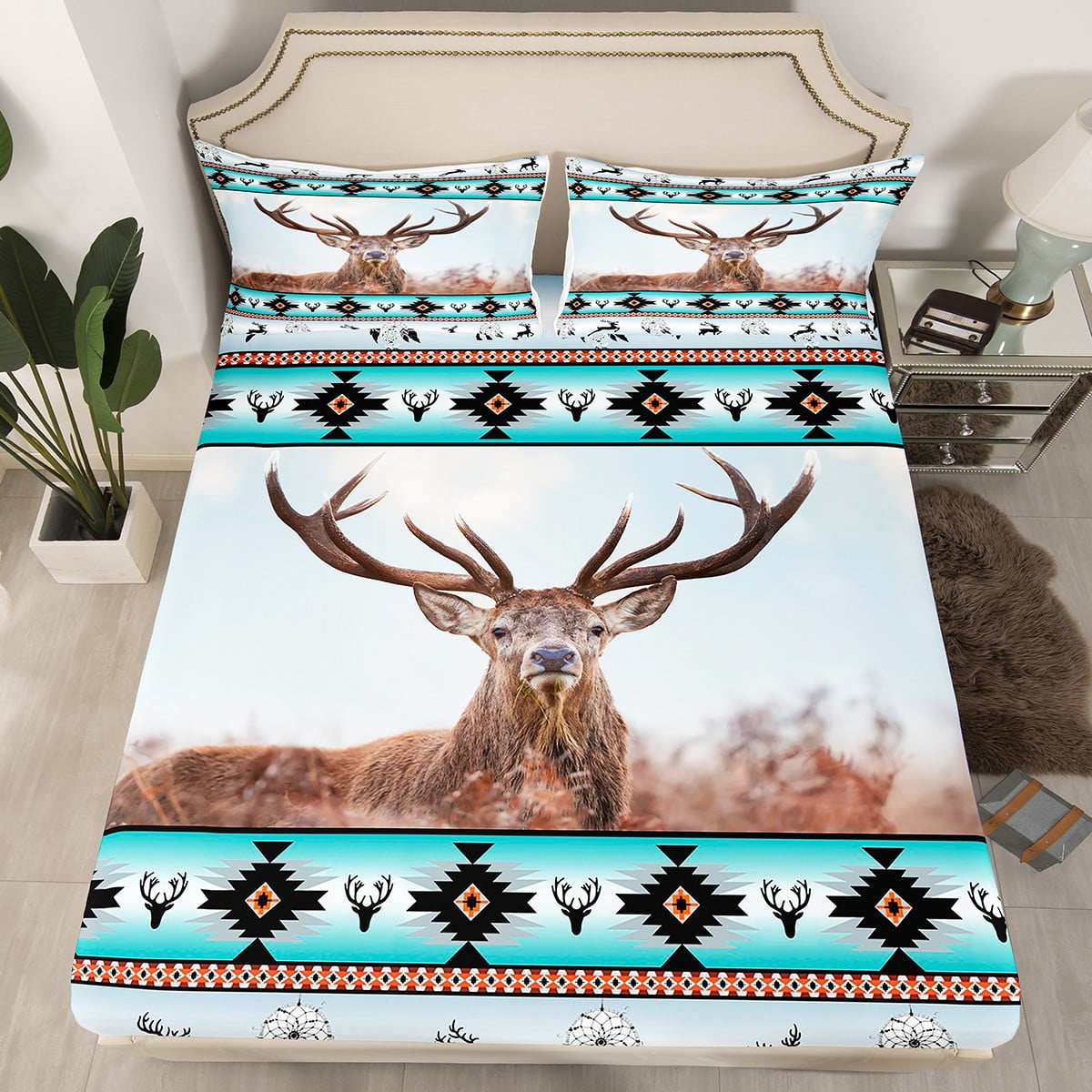 Deer Hunter Fitted Sheet Queen Southwestern Aztec Western Bed Sheets ...