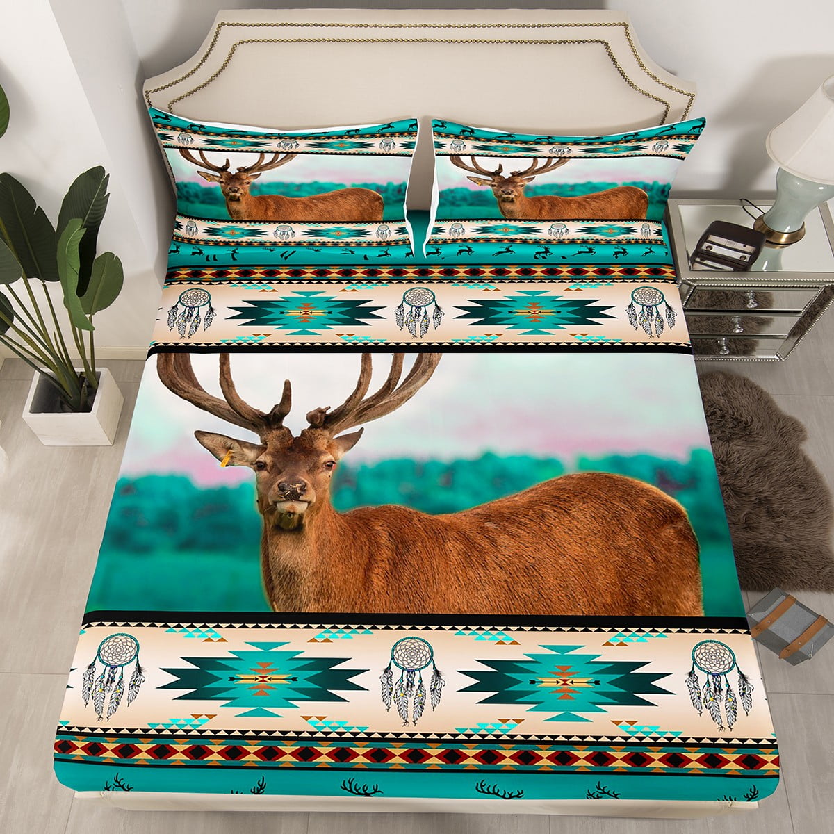 Deer Hunter Fitted Sheet Queen Southwestern Aztec Western Bed Sheets ...