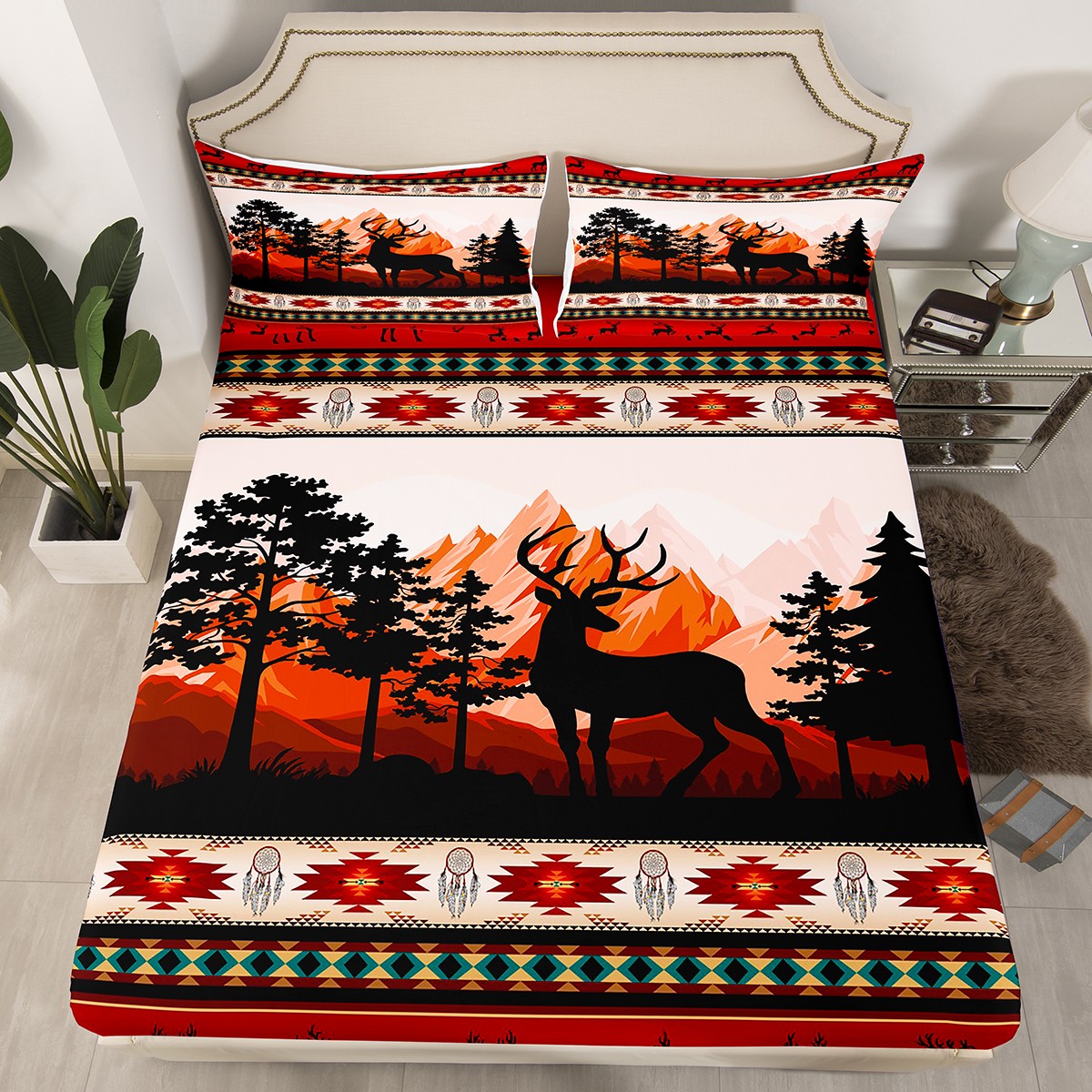 Deer Hunter Fitted Sheet Queen Southwestern Aztec Western Bed Sheets ...