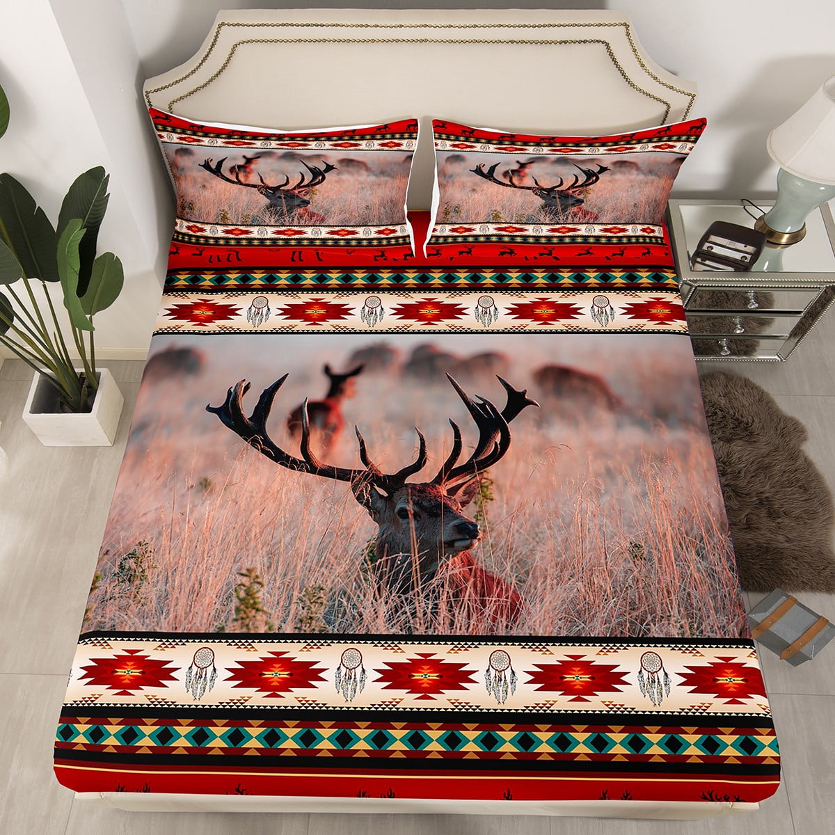Deer Hunter Fitted Sheet Queen Southwestern Aztec Western Bed Sheets ...