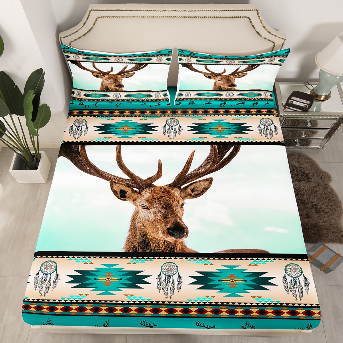 Deer Hunter Fitted Sheet Queen Southwestern Aztec Western Bed Sheets ...