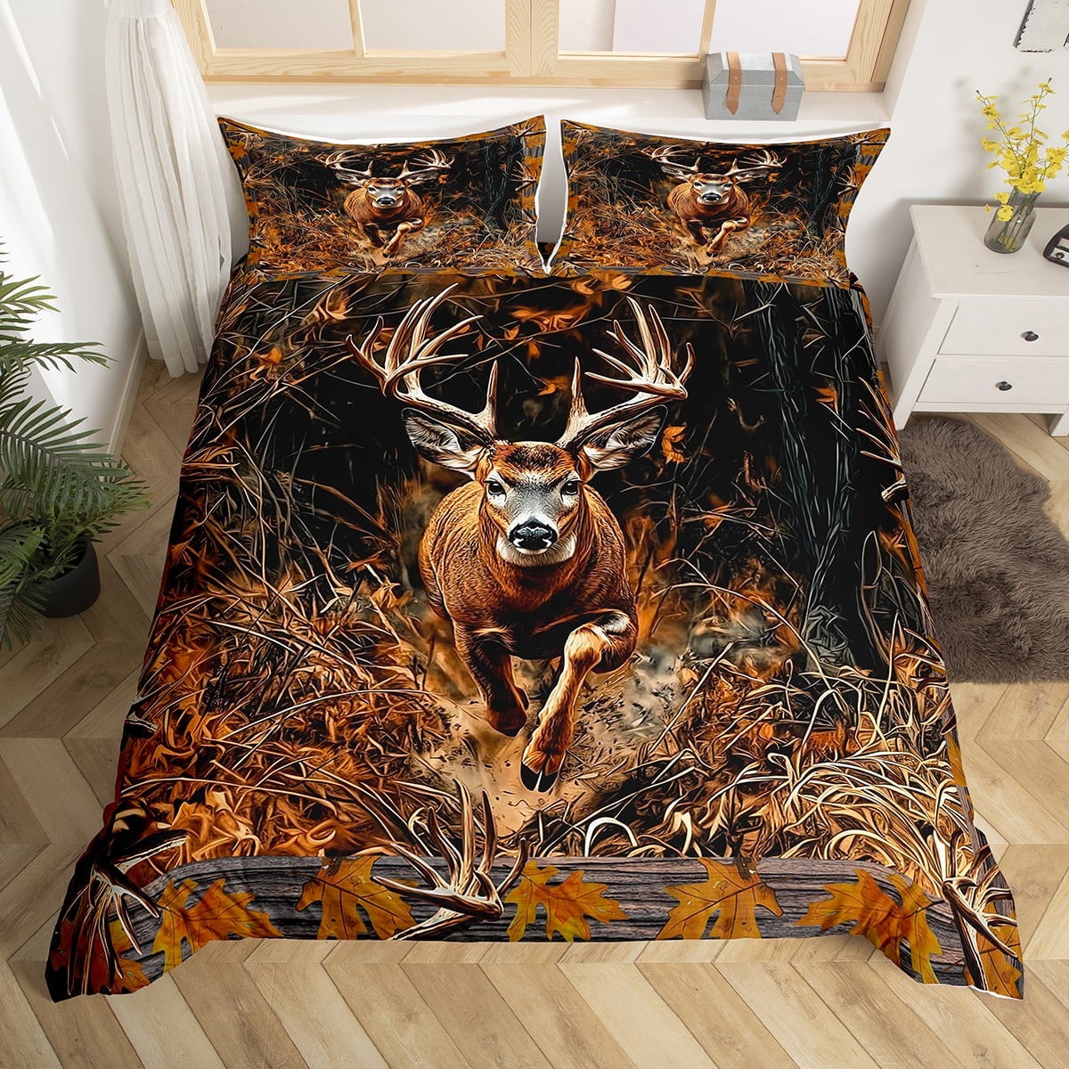 Deer Hunting Camo Duvet Cover,Hunter Bedding Set Rustic Trees Leaves ...