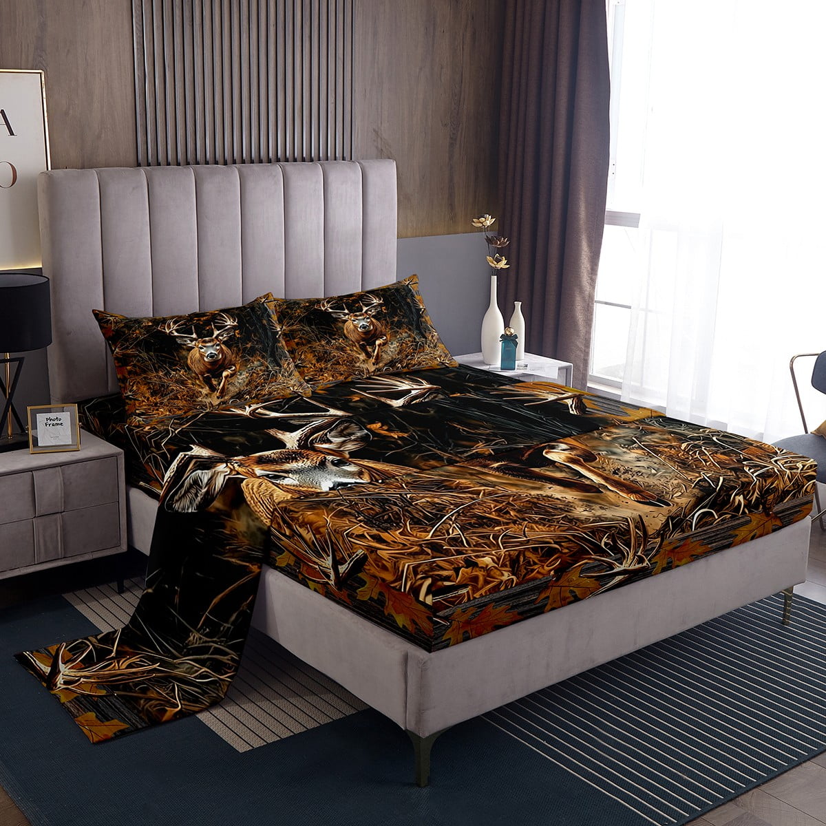 Deer Hunting Camo Sheets, Hunter Bed Sheets Set Rustic Trees Leaves ...