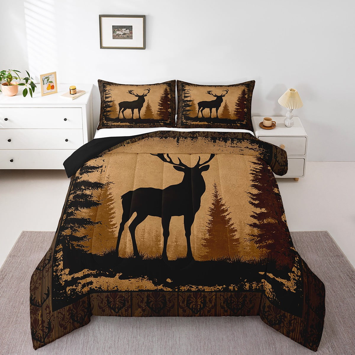 Deer Hunting Comforter Set Queen Wildlife Hunting Theme Bedding Sets Western Woodland Animal ...