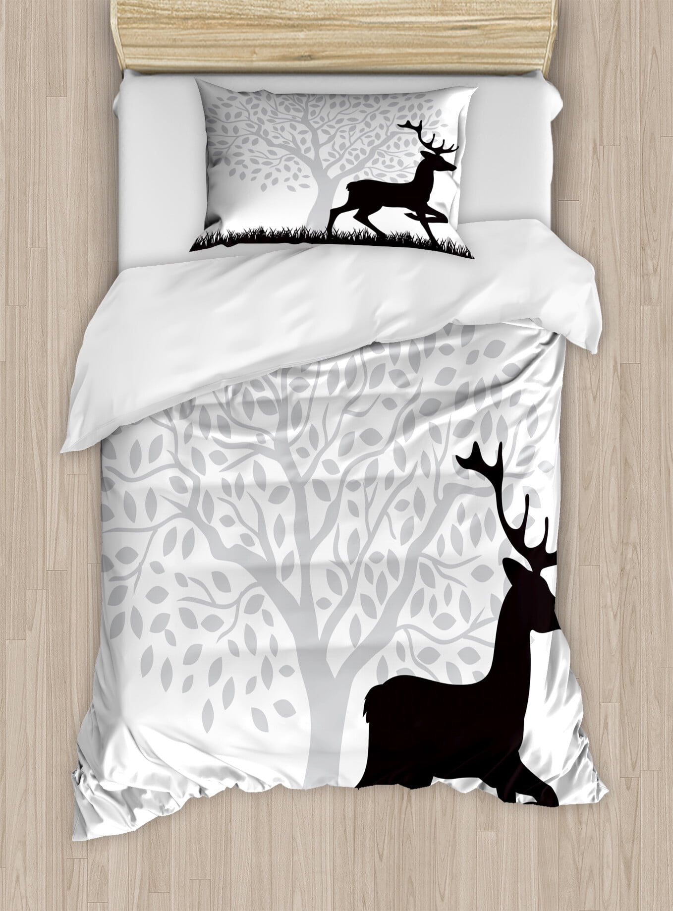 Deer Hunting Duvet Cover Set, Gracious Wild Animal with Horns Tree ...