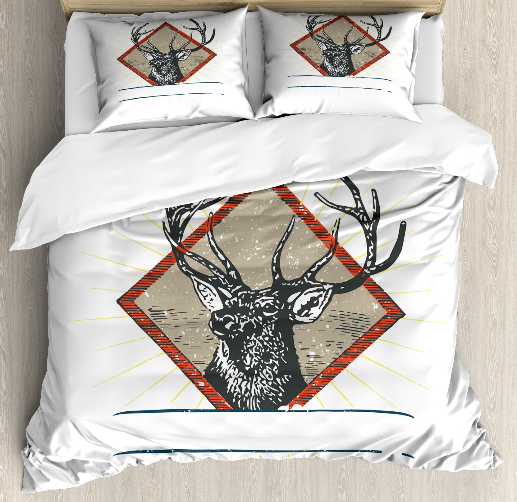 Deer Hunting Duvet Cover Set, Hipster Wild Animal Antler Print on Plain ...