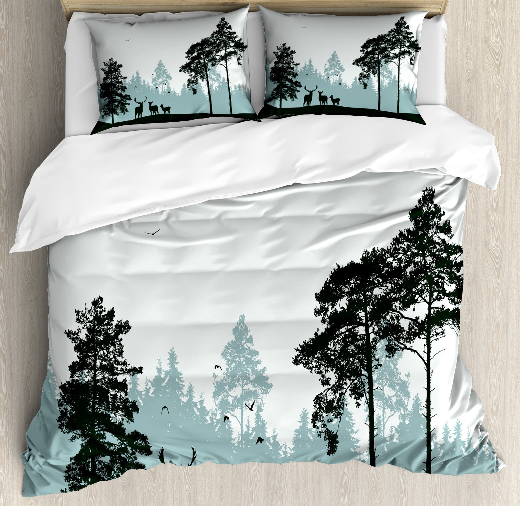 Deer Hunting Duvet Cover Set, Reindeer Forest Flying Birds Silhouette ...