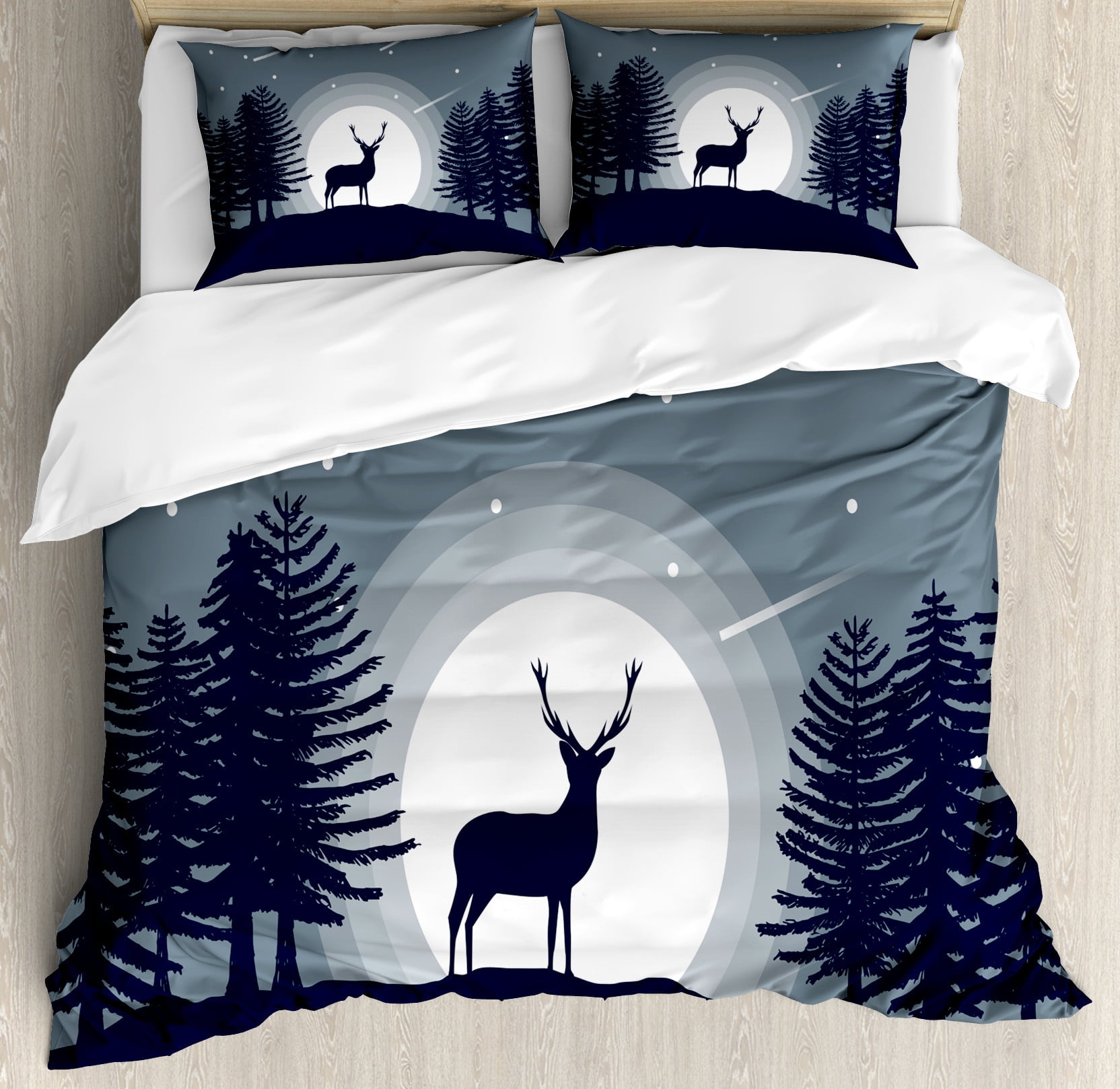 Deer Hunting Duvet Cover Set, Reindeer Silhouette at Night in Forest ...