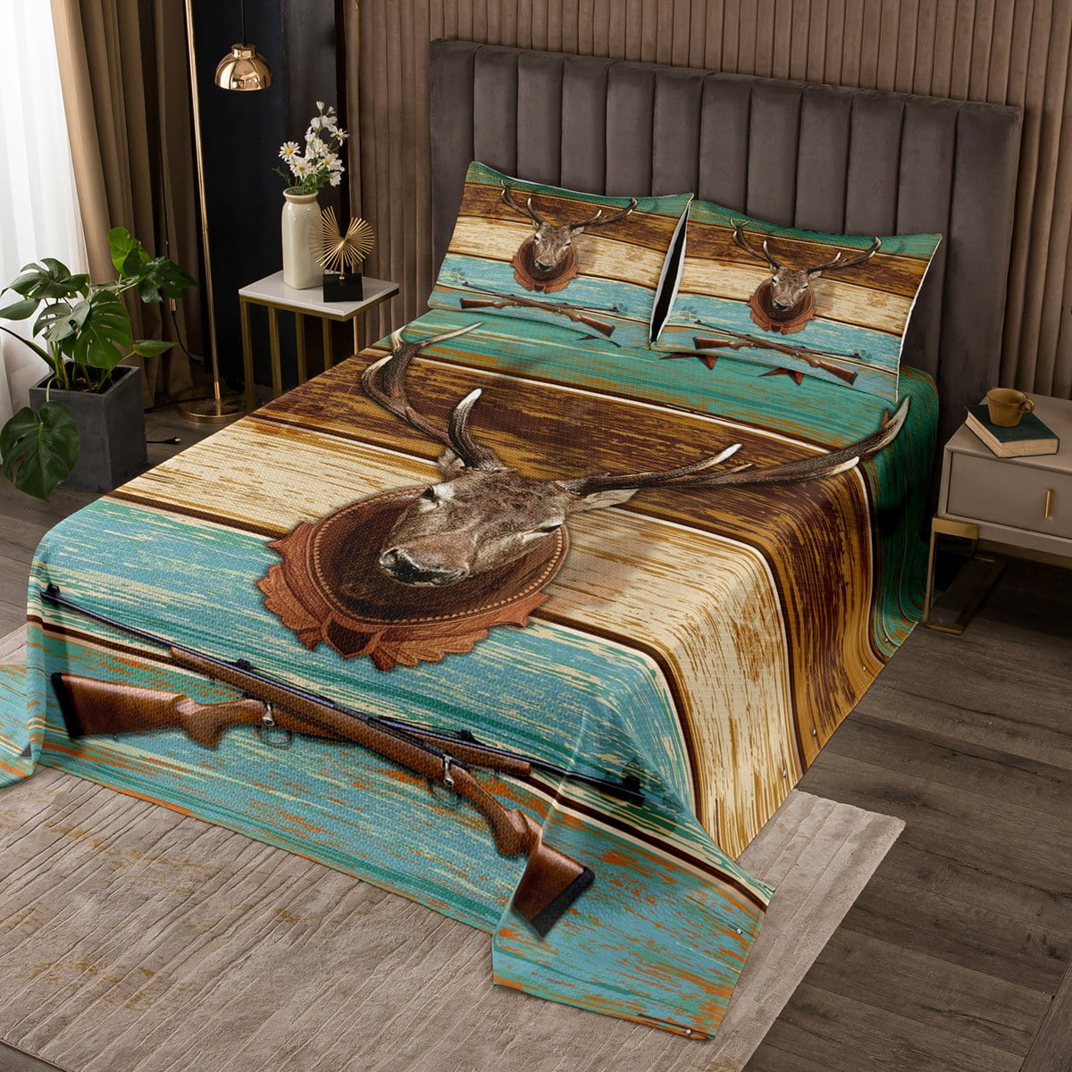 Deer Hunting King Bedspread Set for Boys,Shotgun Coverlet Set Western ...