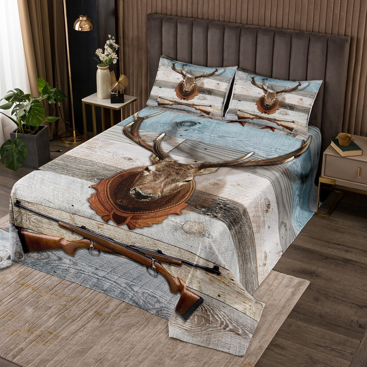 Deer Hunting King Bedspread Set for Boys,Shotgun Coverlet Set Western ...