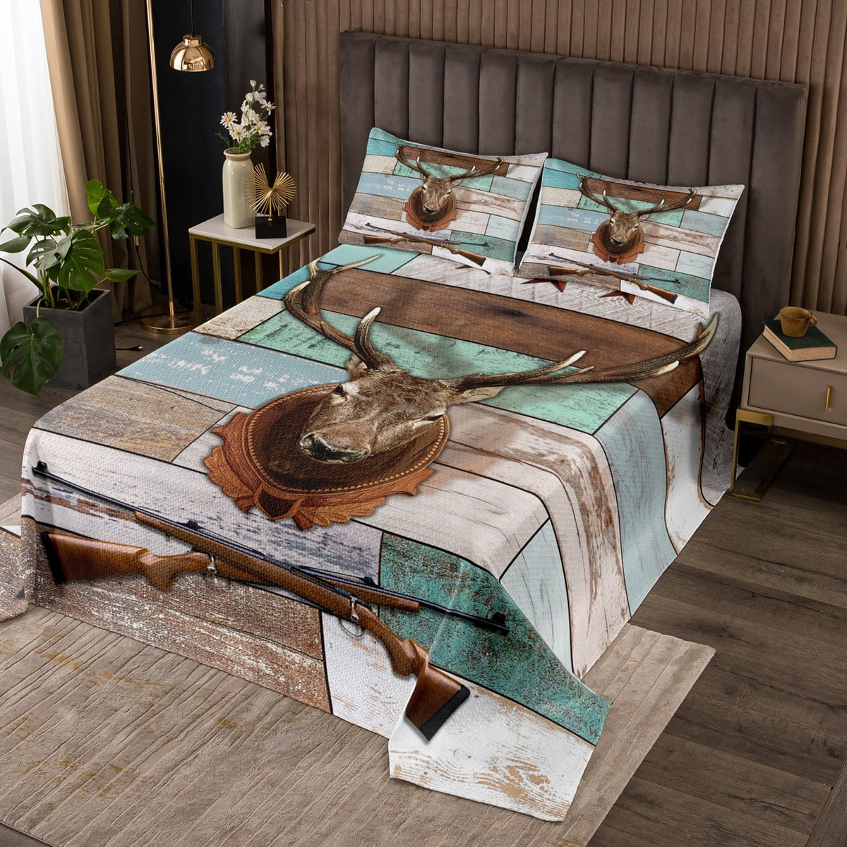 Deer Hunting King Bedspread Set for Boys,Shotgun Coverlet Set Western ...
