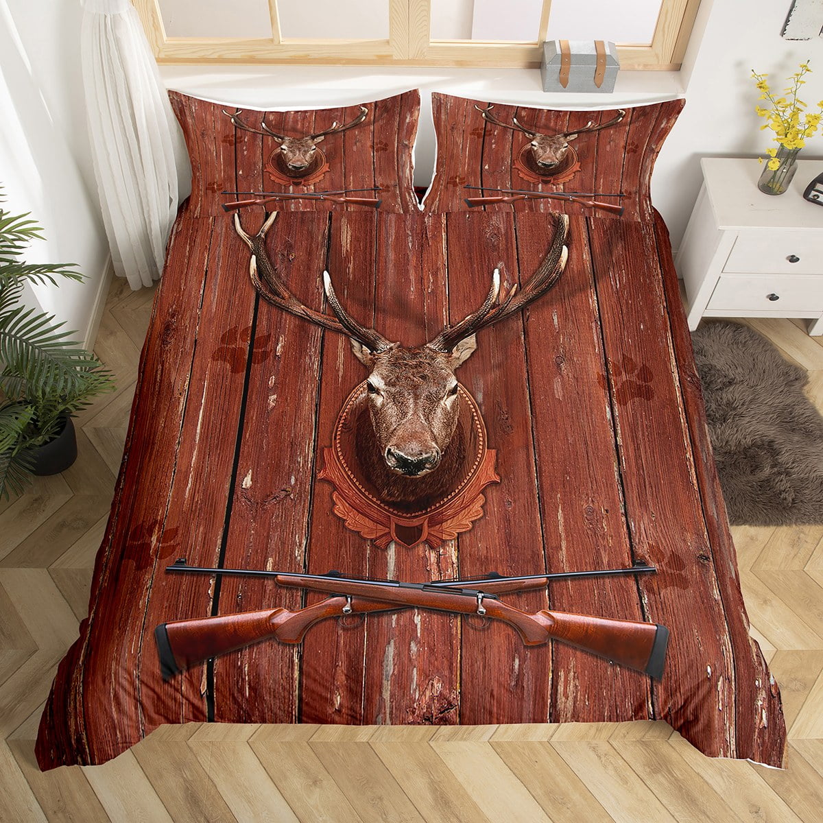 Deer Hunting Queen Bedding Sets for Boys,Hunter Shotgun Comforter Cover ...