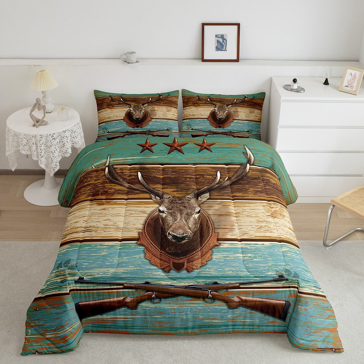 Deer Hunting Queen Comforter Set ,Hunter Shotgun Quilt Western Bedding ...