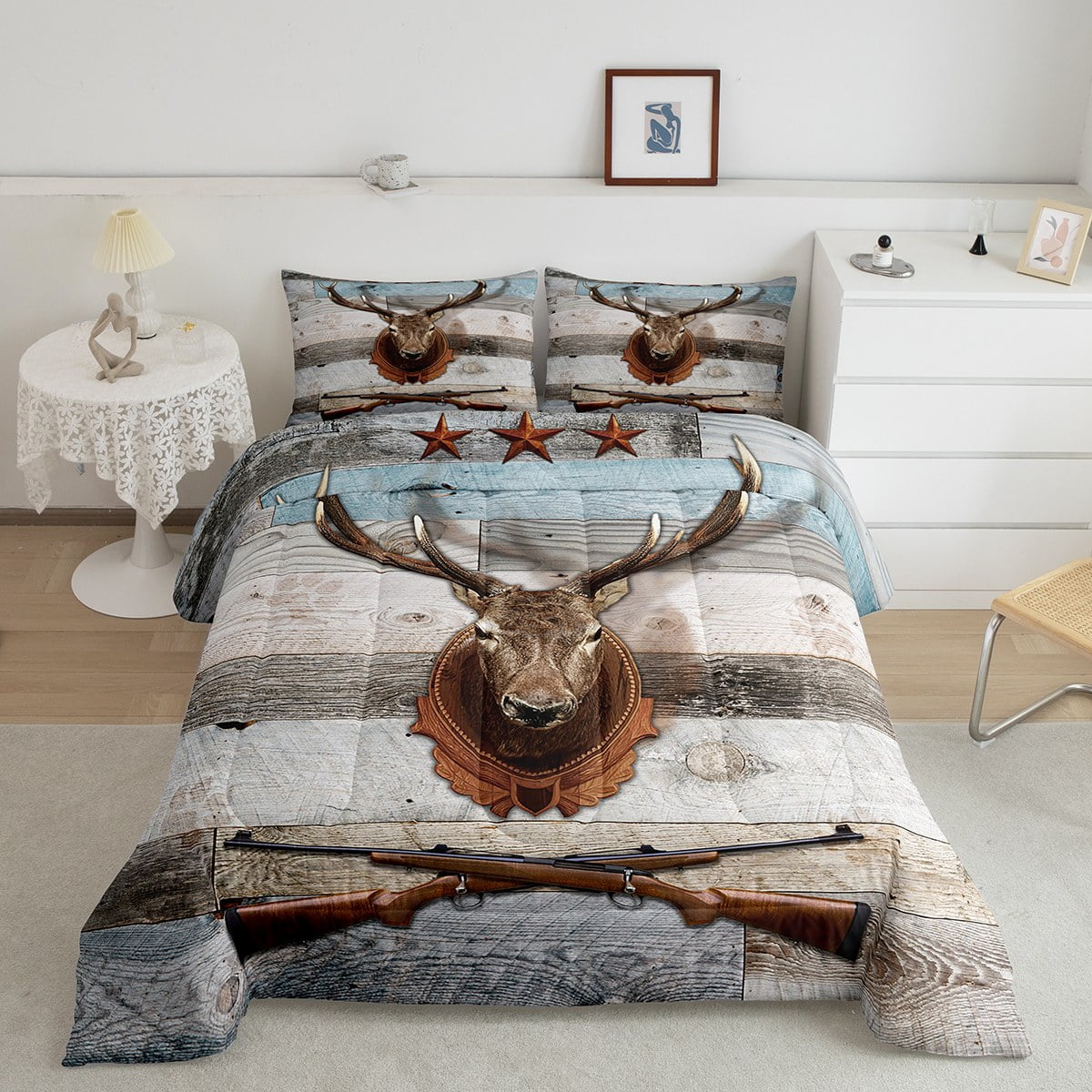 Deer Hunting Queen Comforter Set for Boys,Hunter Shotgun Quilt Western ...