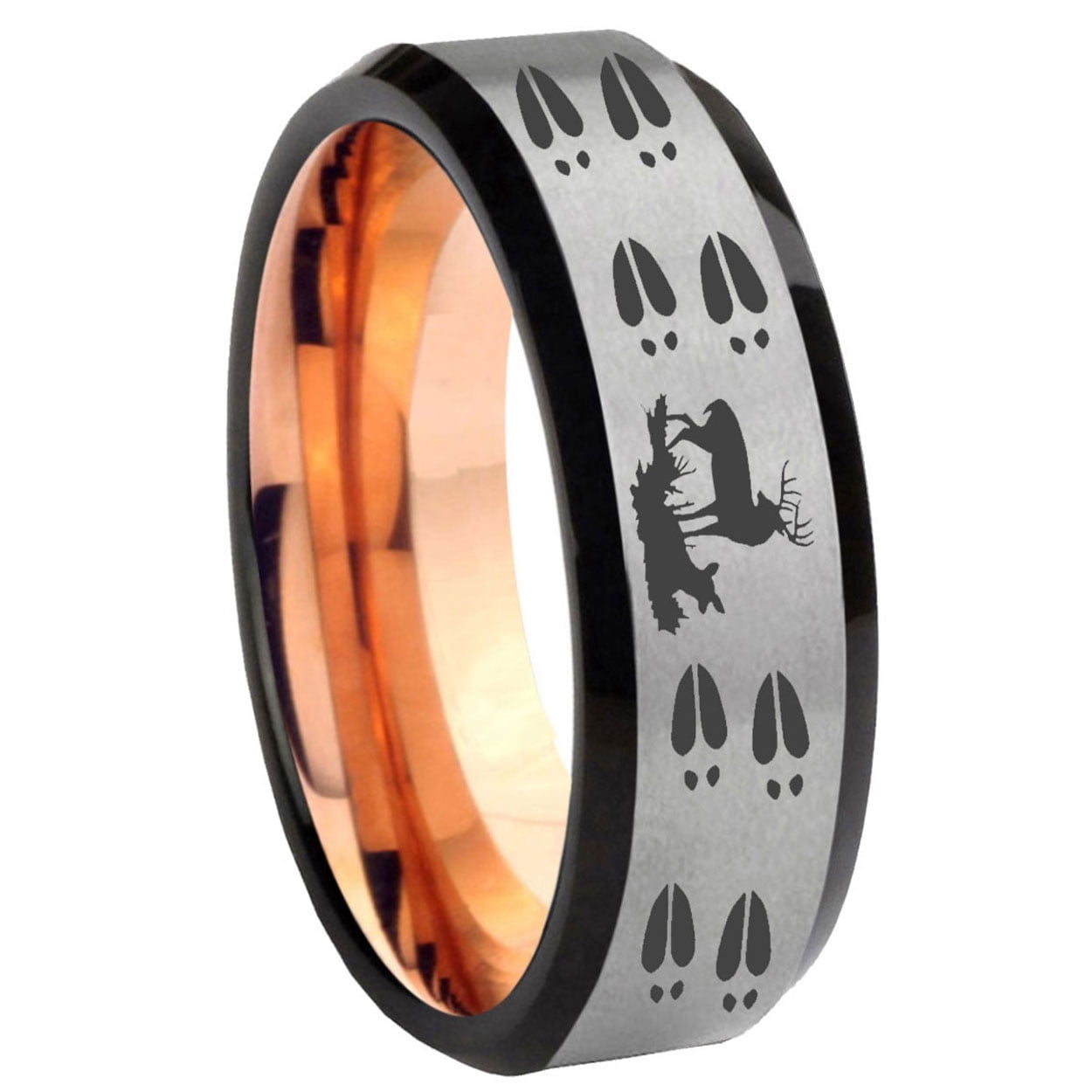 Deer Hunting Tracks 8MM Beveled Edge Gray And Rose Gold Tungsten Ring ...