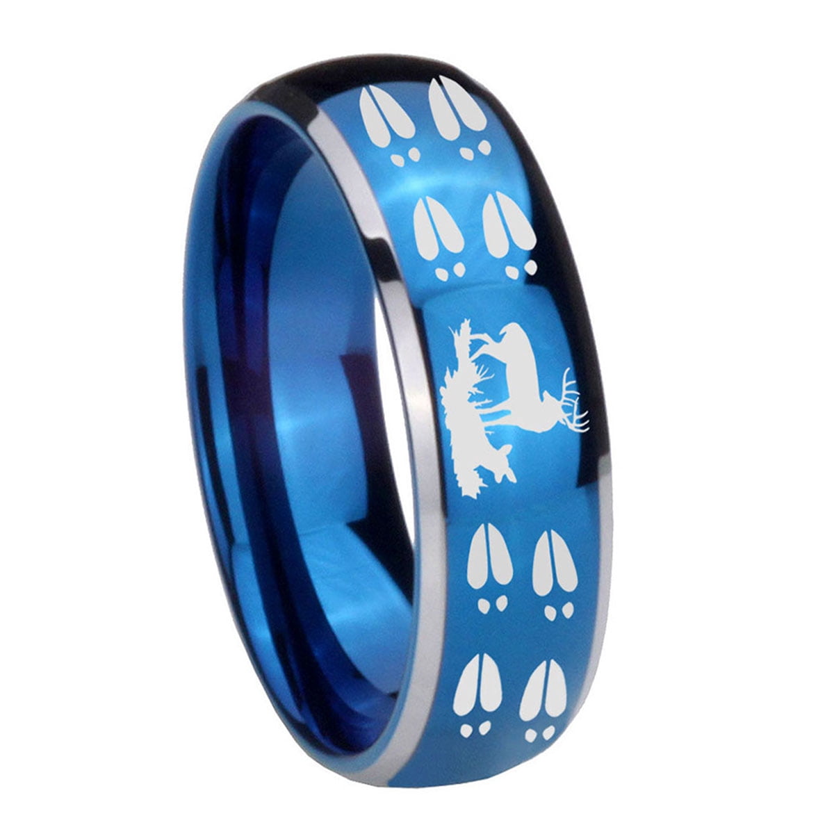 Deer Hunting Tracks 8MM Polished Blue 2 Tone Dome Tungsten Men Ring ...