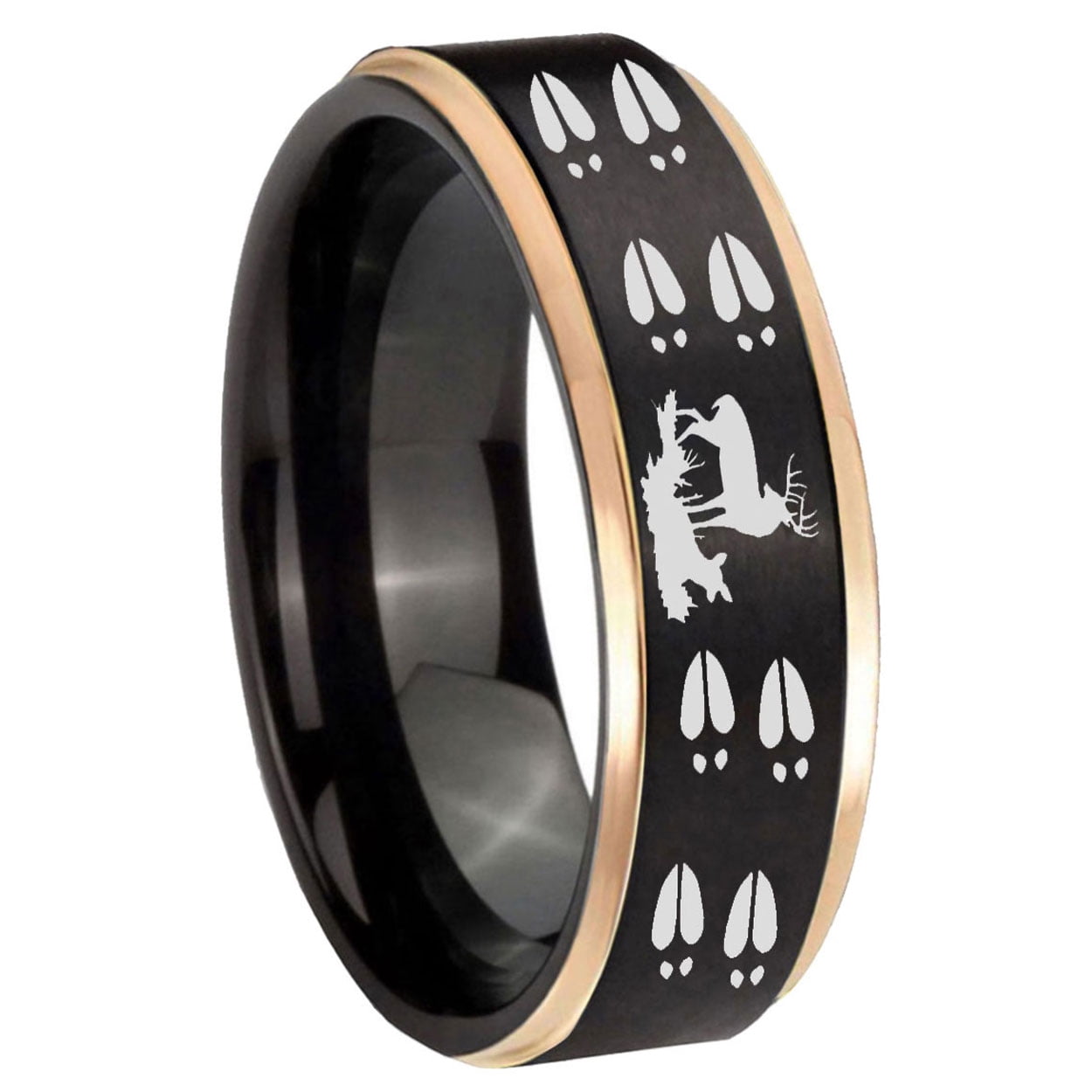 Deer Hunting Tracks 8MM Step Edge Black And Rose Gold Tungsten Men Ring ...