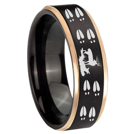 Deer Hunting Tracks 8MM Step Edge Black And Rose Gold Tungsten Men Ring ...