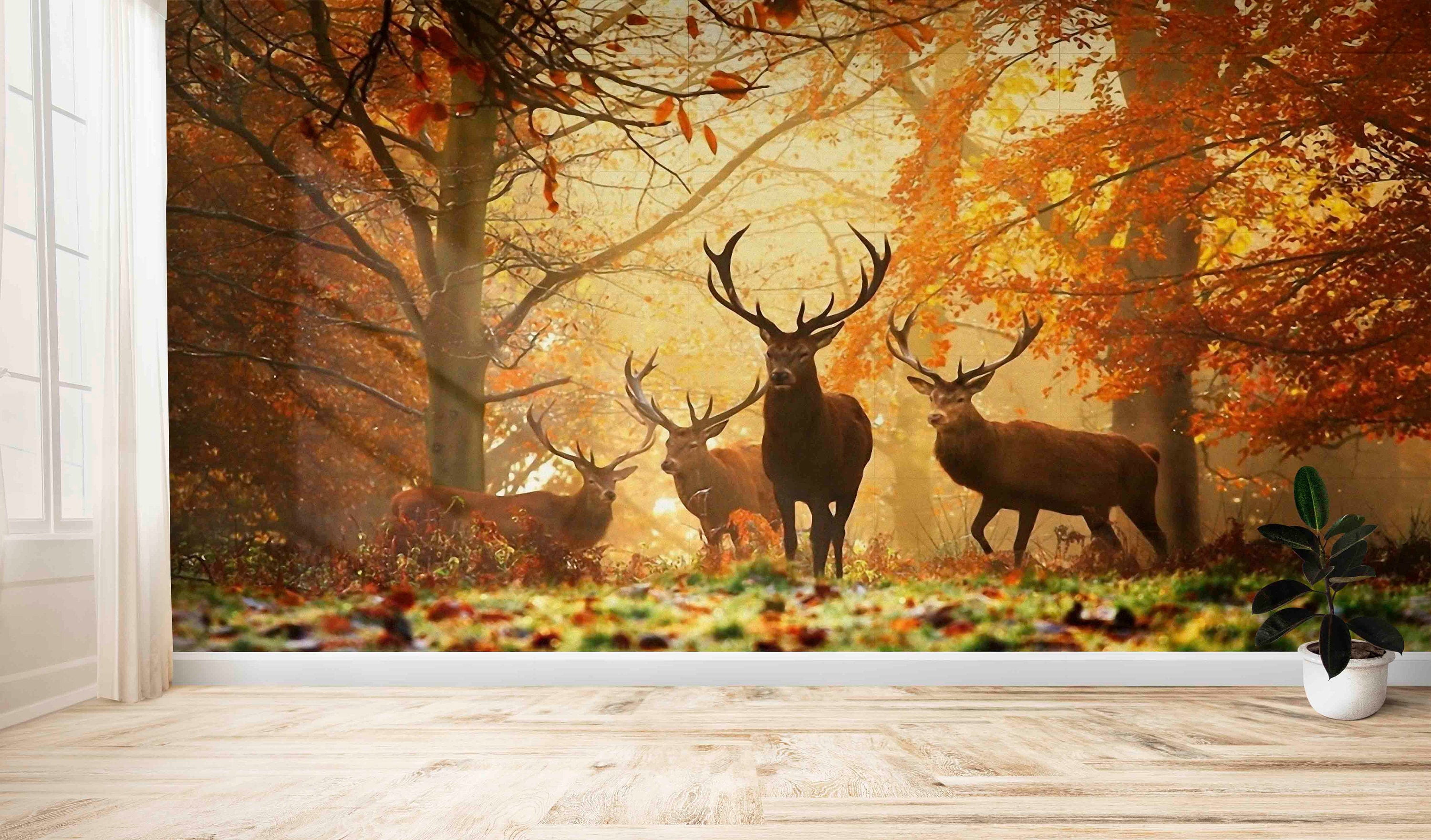 Deer In Forest Painting, Paper Wall Art Forest Landscape Mural ...