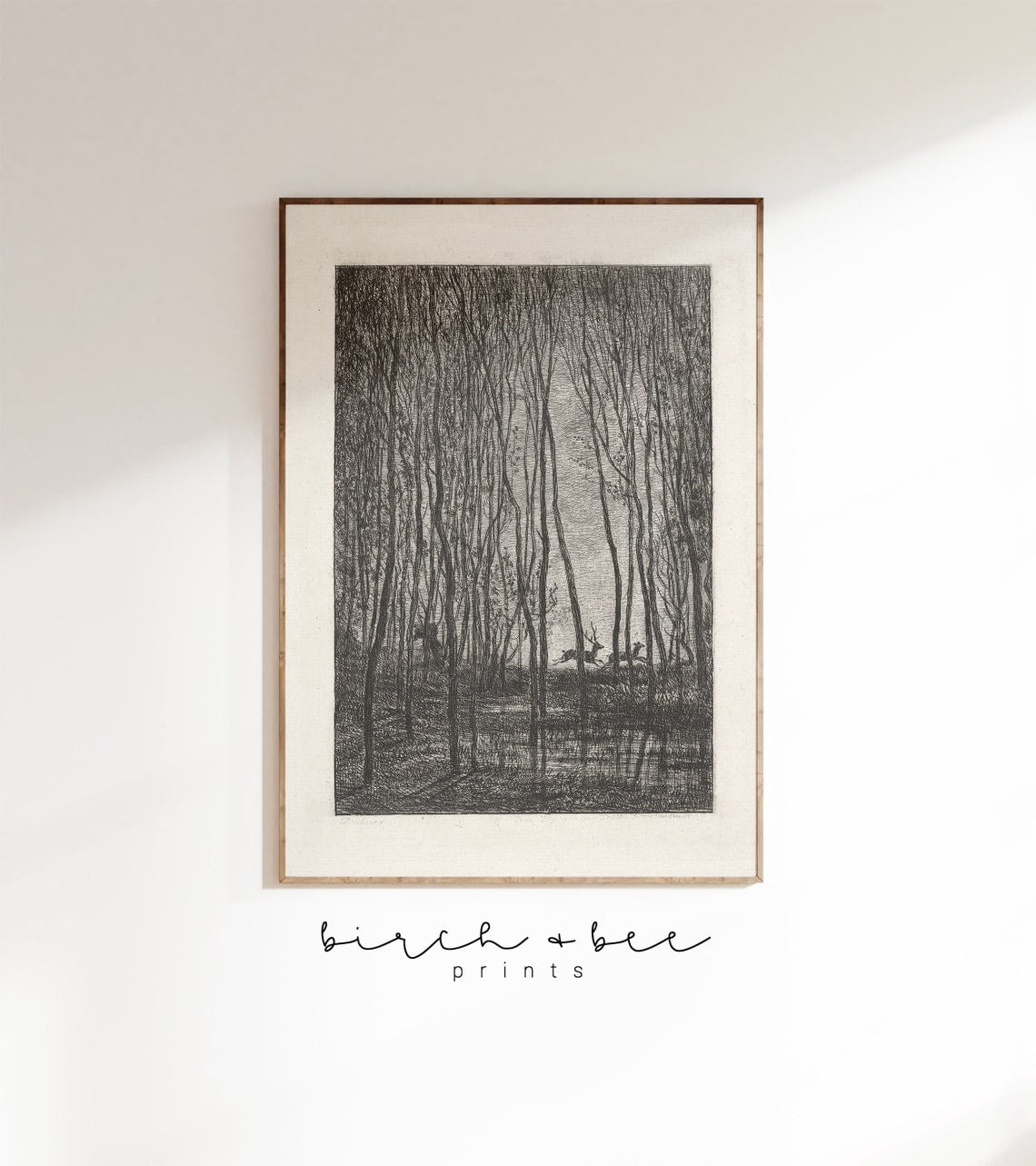 Deer In Woods Art Vintage Tree Sketch Forest Nursery Art Modern Wall ...