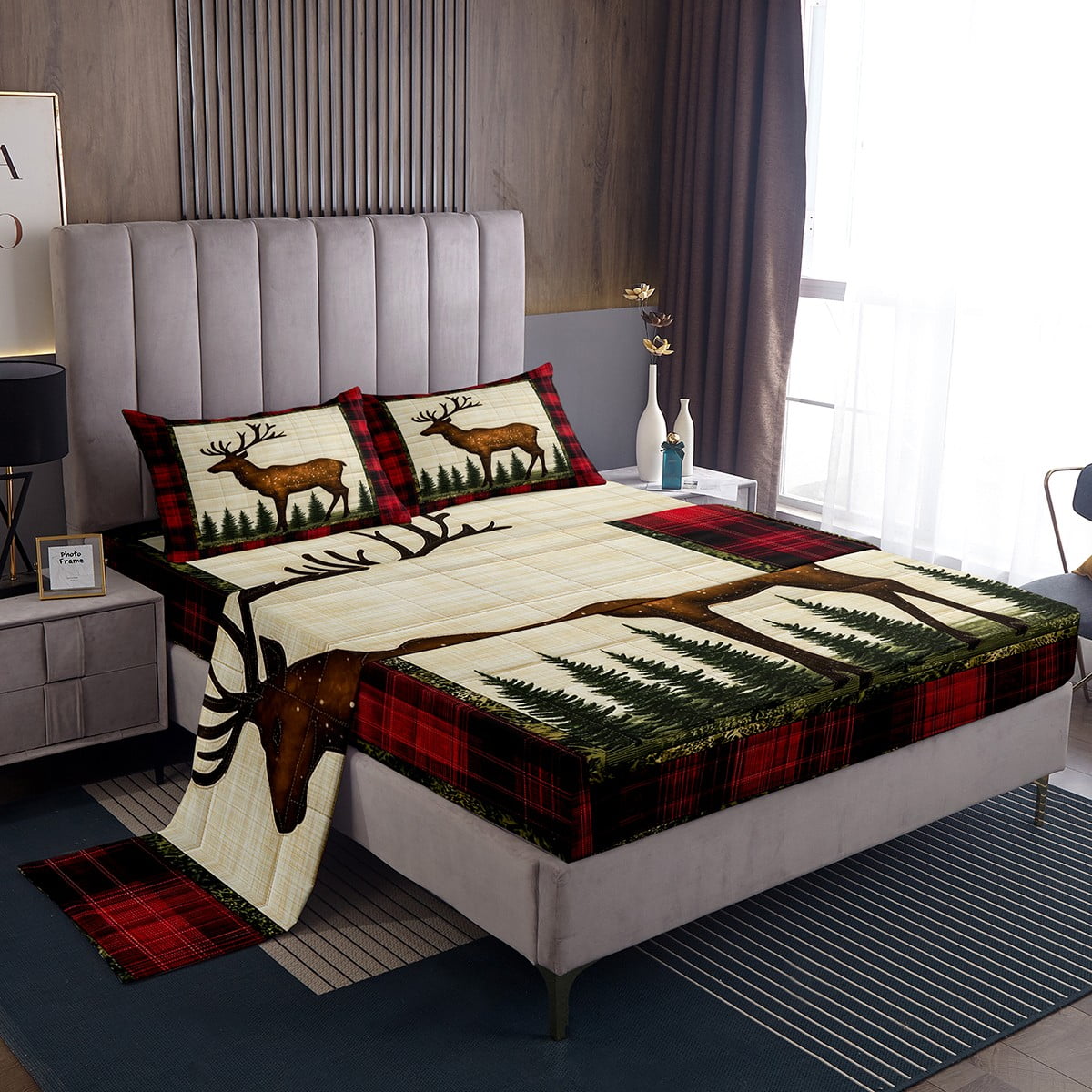 Deer King Bed Sheets Set Red And Black Decor Sheet Set Buffalo Plaid ...