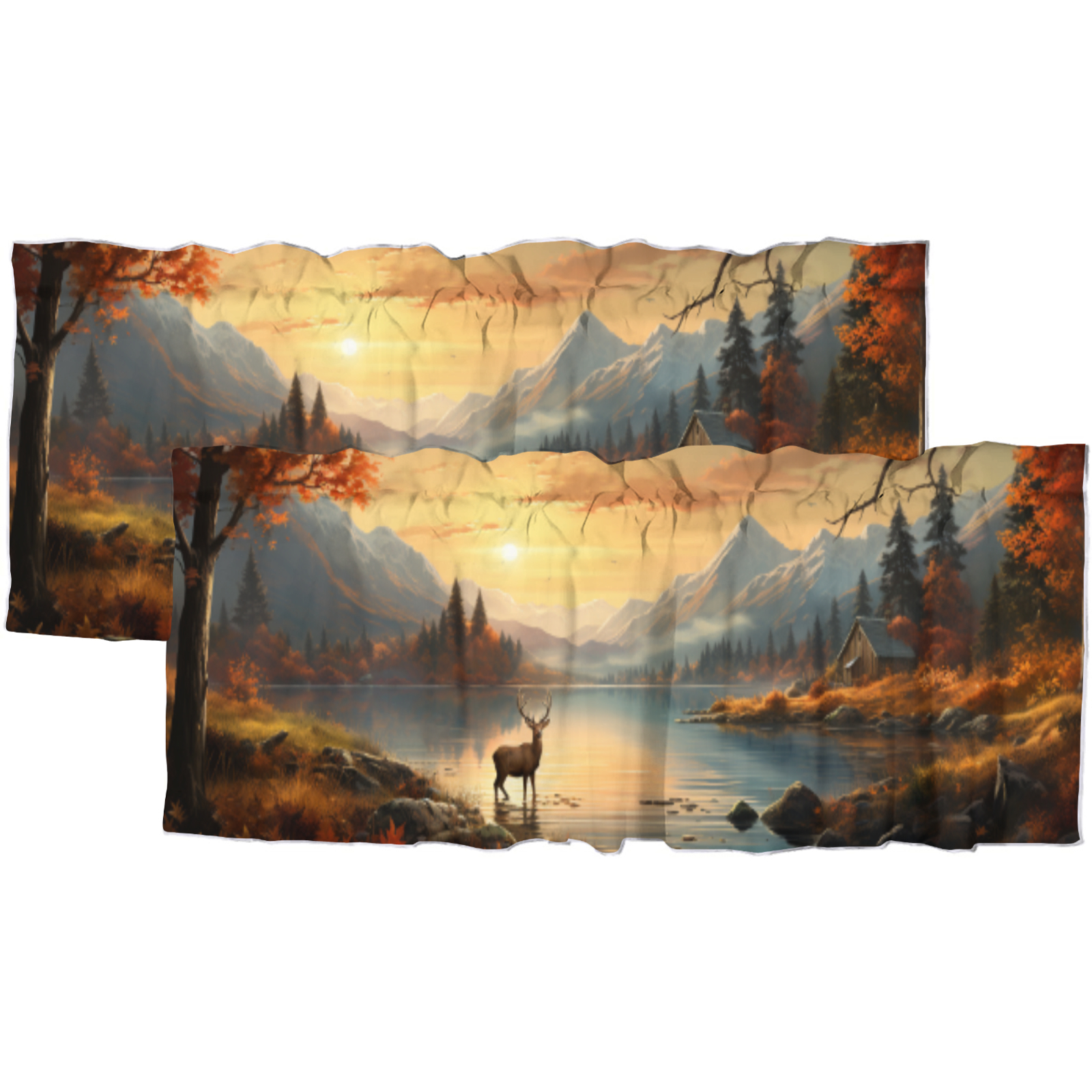 Deer Kitchen Curtain Valances Wild Animal Sunset Foggy Forest Rustic ...