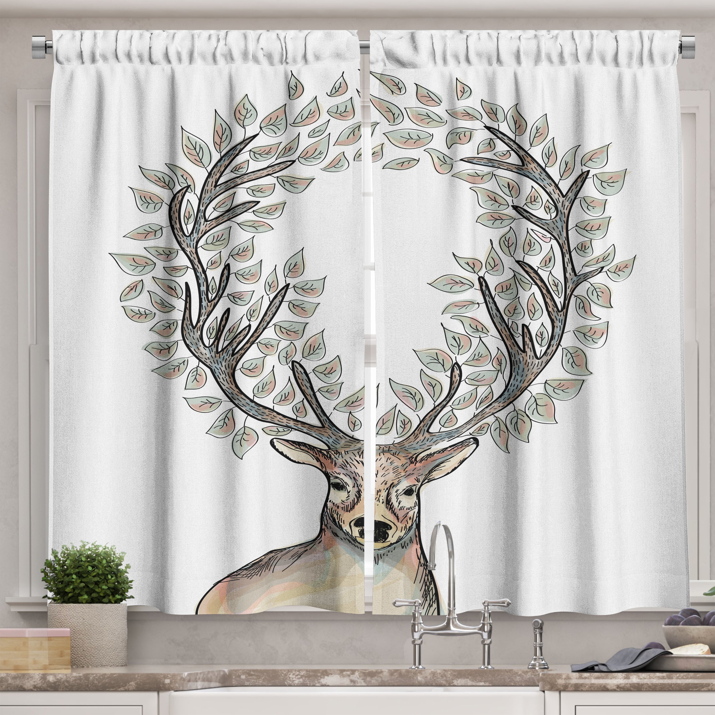 Deer Kitchen Curtains, Hipster Reindeer with Floral Horns Mythical ...