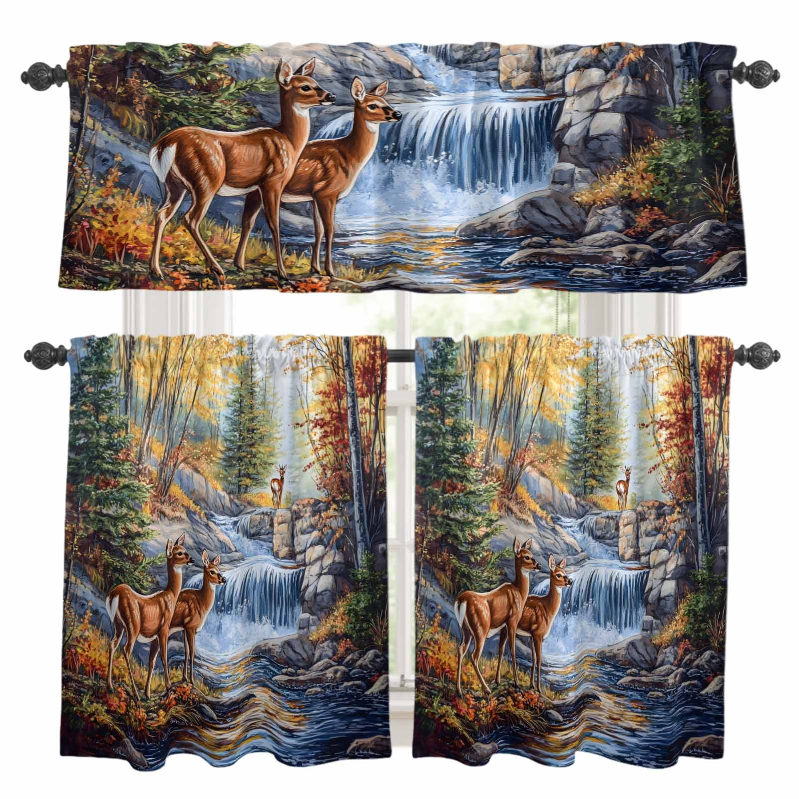 Deer Kitchen Curtains Valances and Tiers Set of 3 Forest River Tier ...