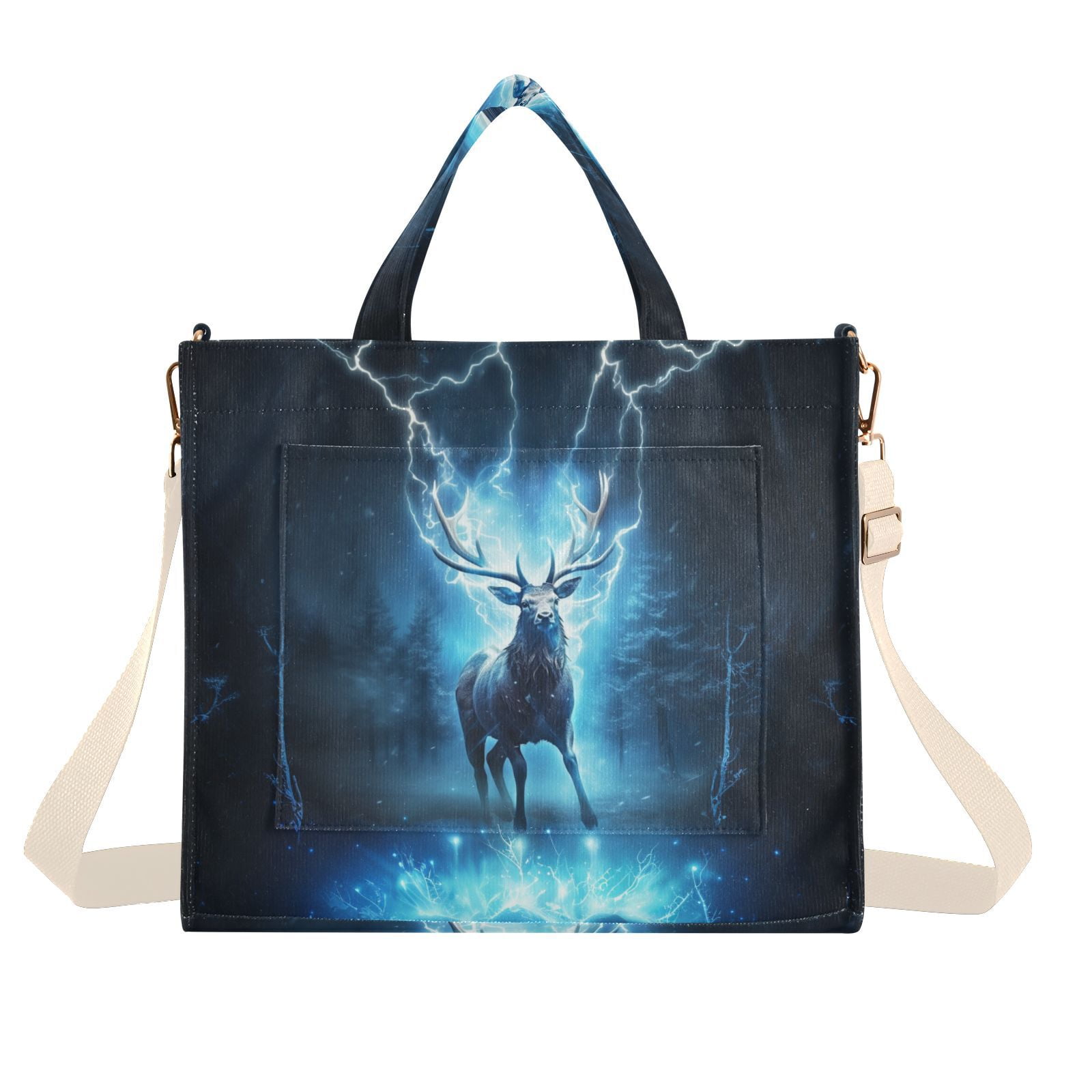 Deer Lightning Trees Blue Corduroy Tote Bag Handbag Large Messenger Bag ...
