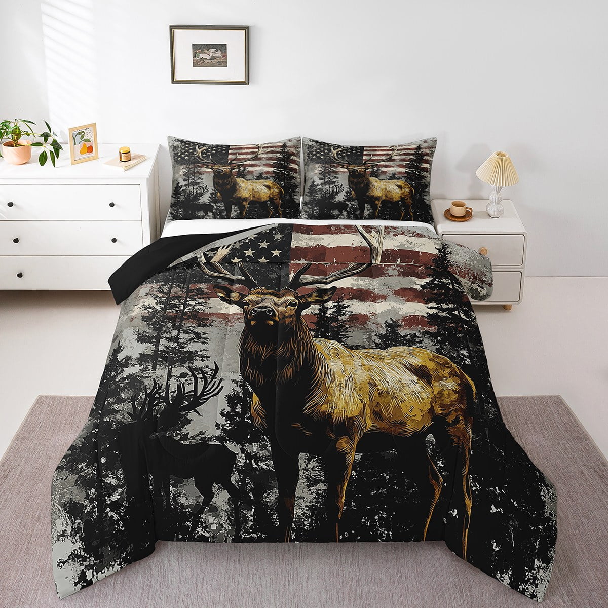 Deer Moose Adults Comforter Set,Jungle Pine Trees Lodge Wild Animal ...