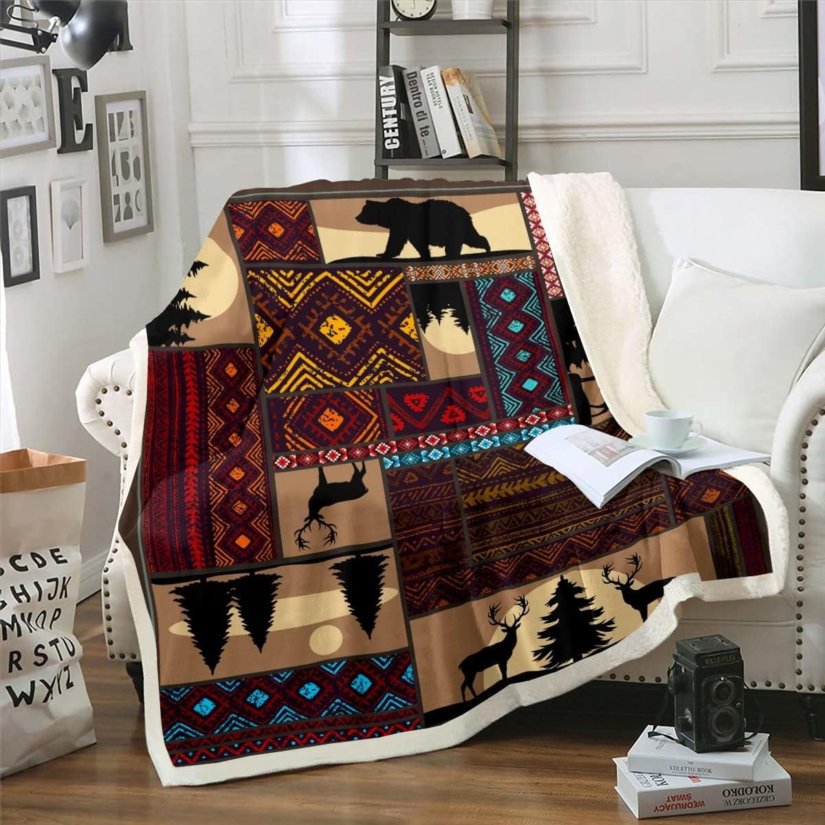 Deer Moose Bear Fleece Blanket Throw 50"X60",Boho Aztec Sherpa Blanket ...
