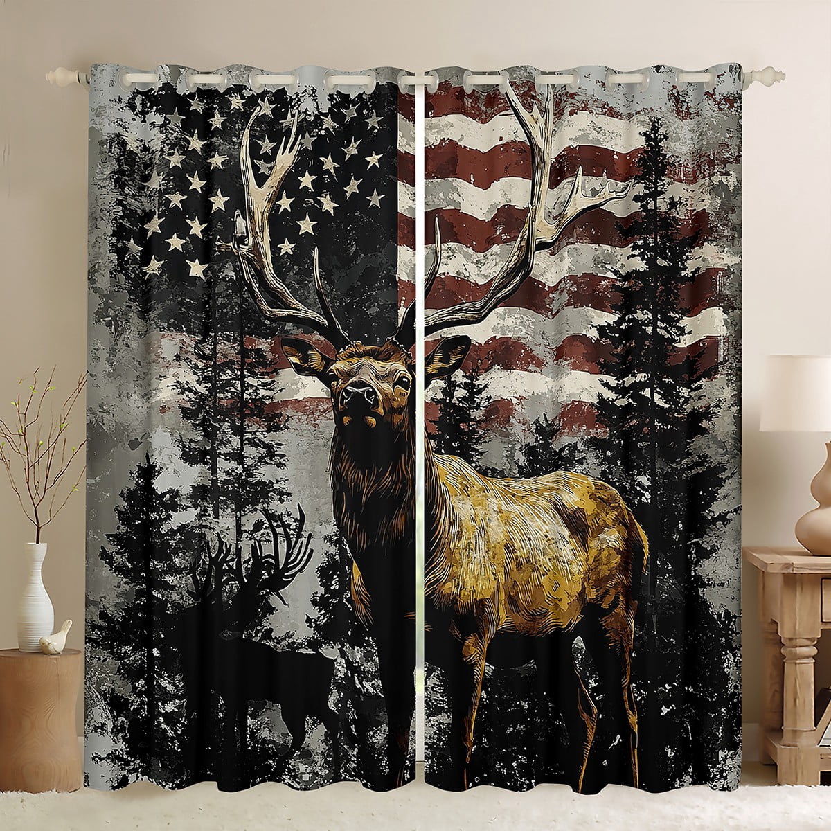 Deer Moose Window Drapes Block 30%-50% Light,Jungle Pine Trees Lodge ...