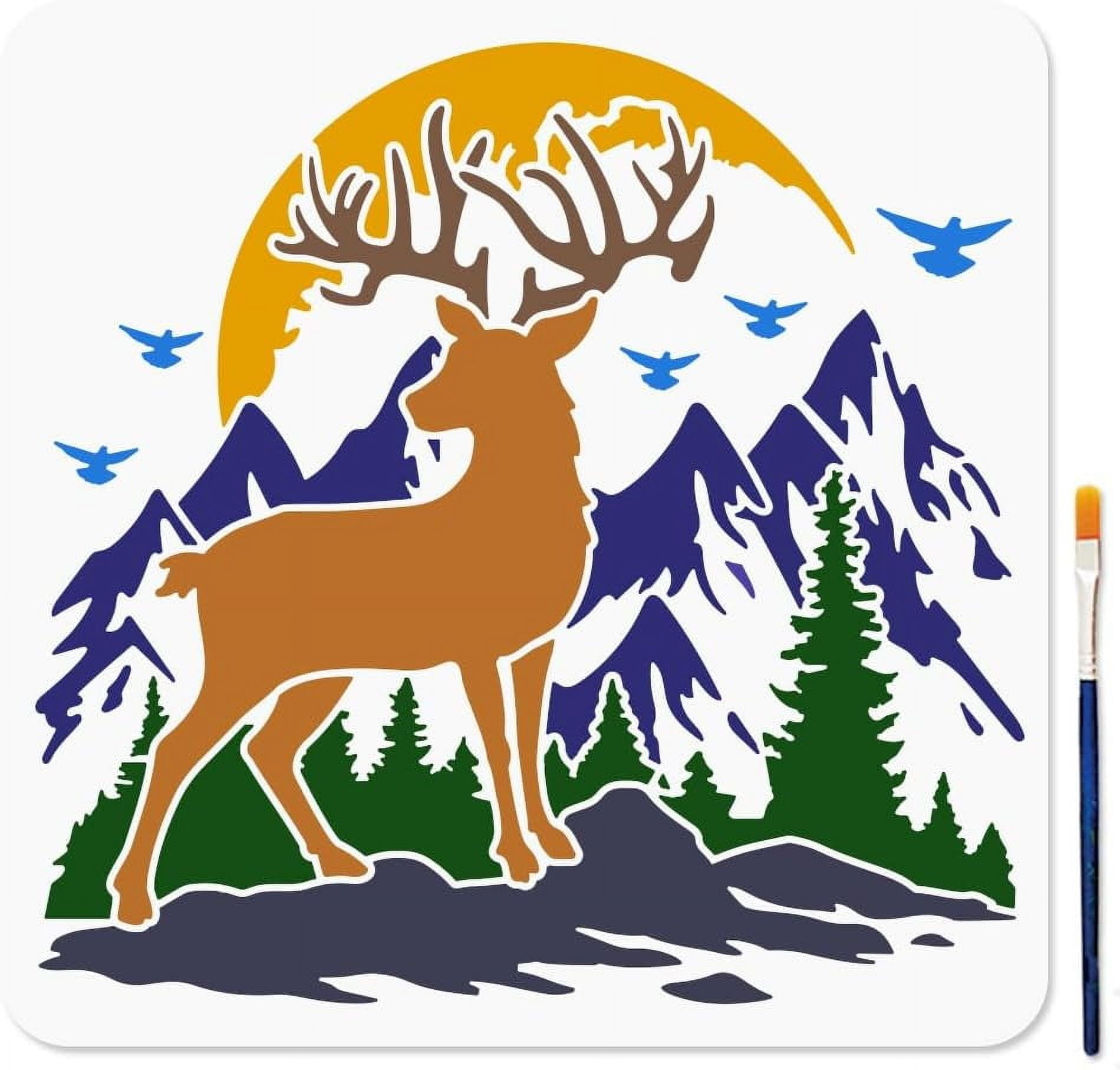 Deer Mountain Forest Stencil 11.8×11.8inch Nature Landscape Moon Animal ...