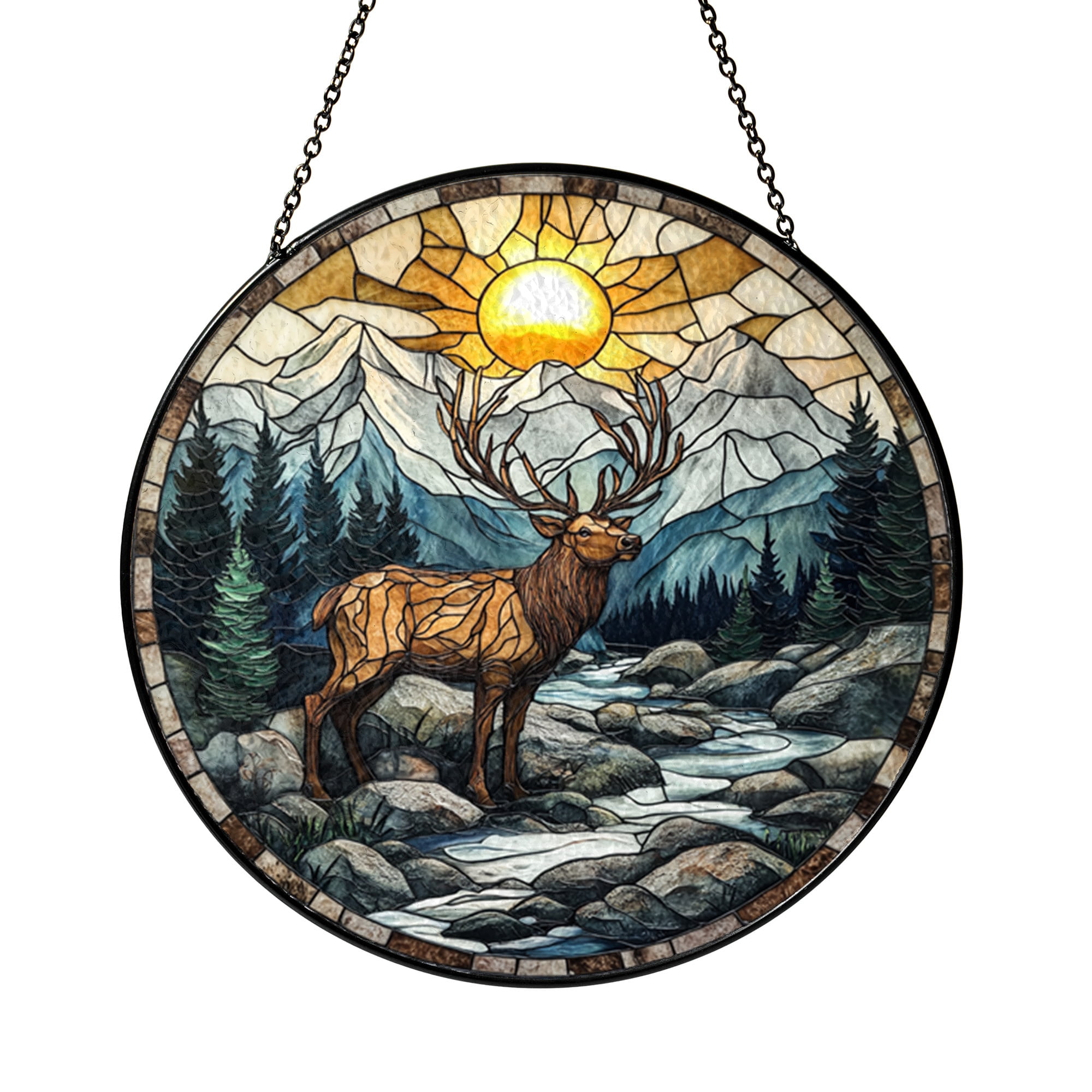 Deer Mountain Sunset Round Suncatcher – Stained Glass Style Nature ...