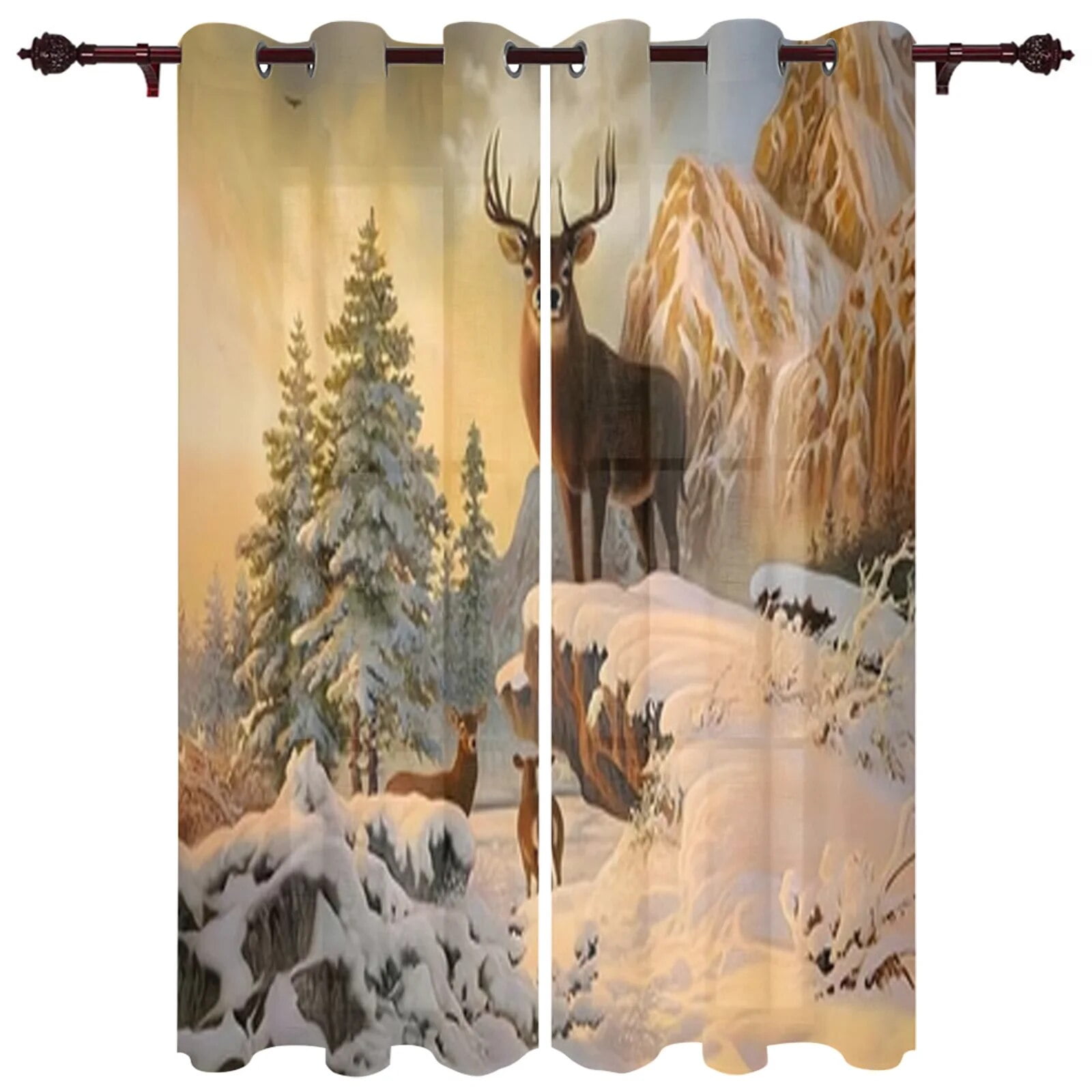 Deer On Snowy Mountains Window Curtains For Living Room Bedroom Luxury ...