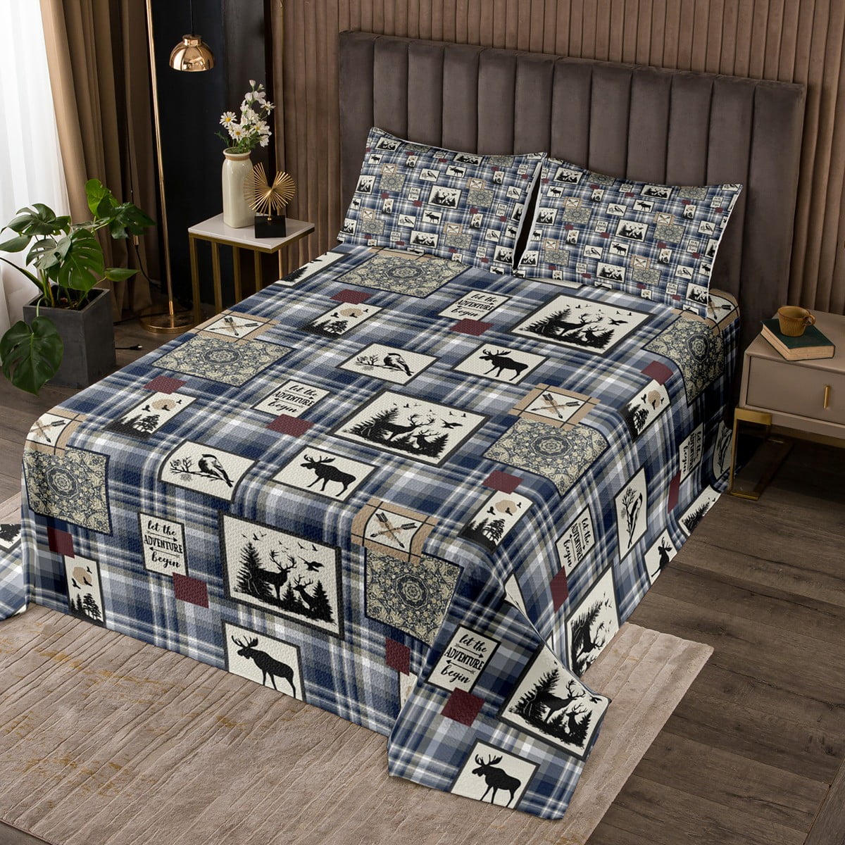 Deer Patchwork Quilt Set Moose Elk Deer Hunting Bedspread Set Boho Mandala Coverlet Set Blue ...