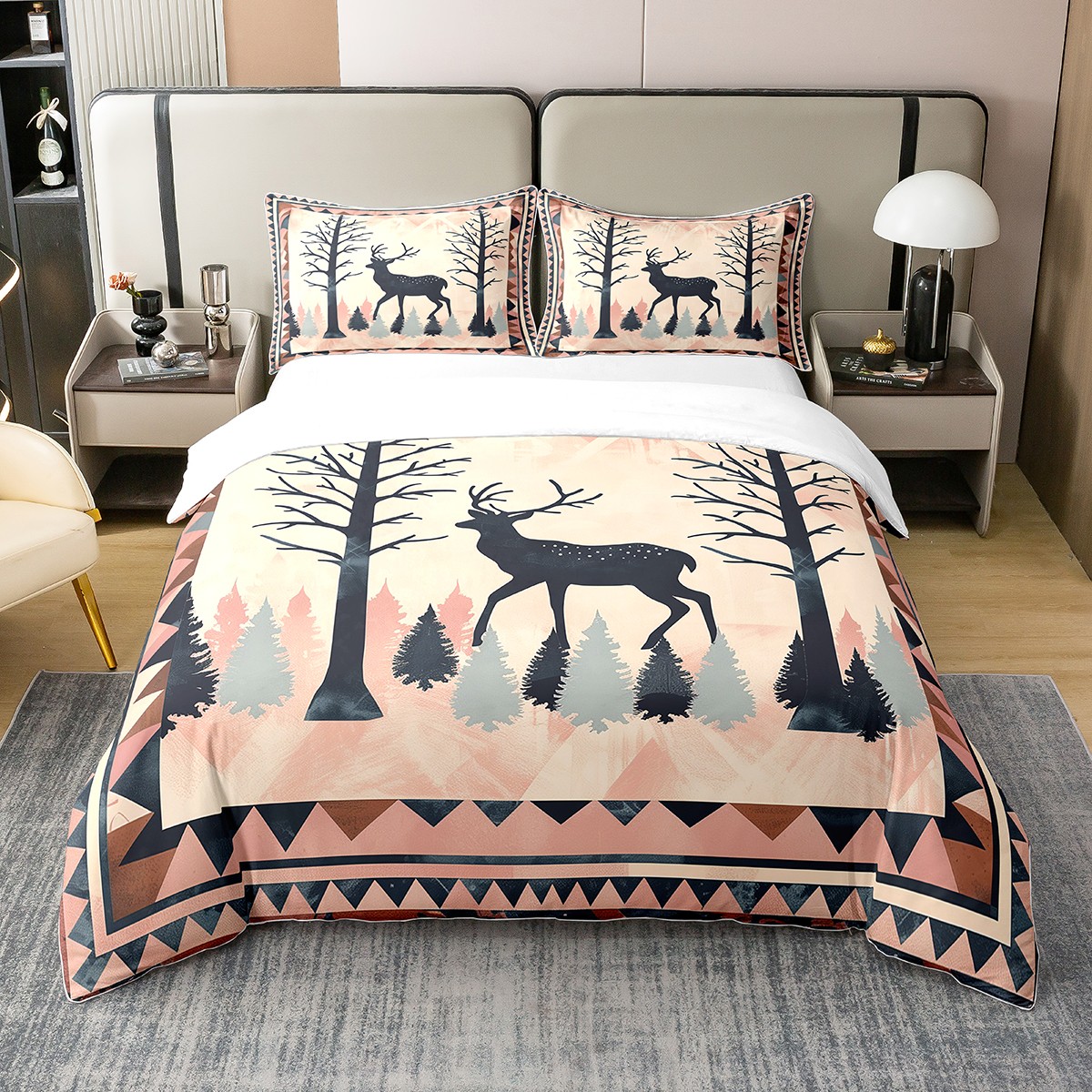 Deer Pine Tree 100% Natural Cotton Duvet Cover Set Geometric Patchwork ...
