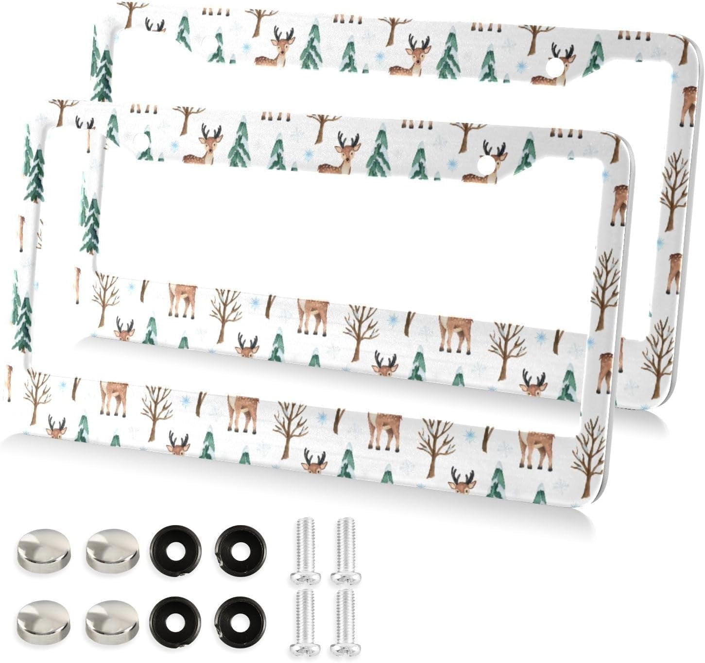 Deer and Pine Trees License Plate Frame - 2 Pack Universal Stainless ...