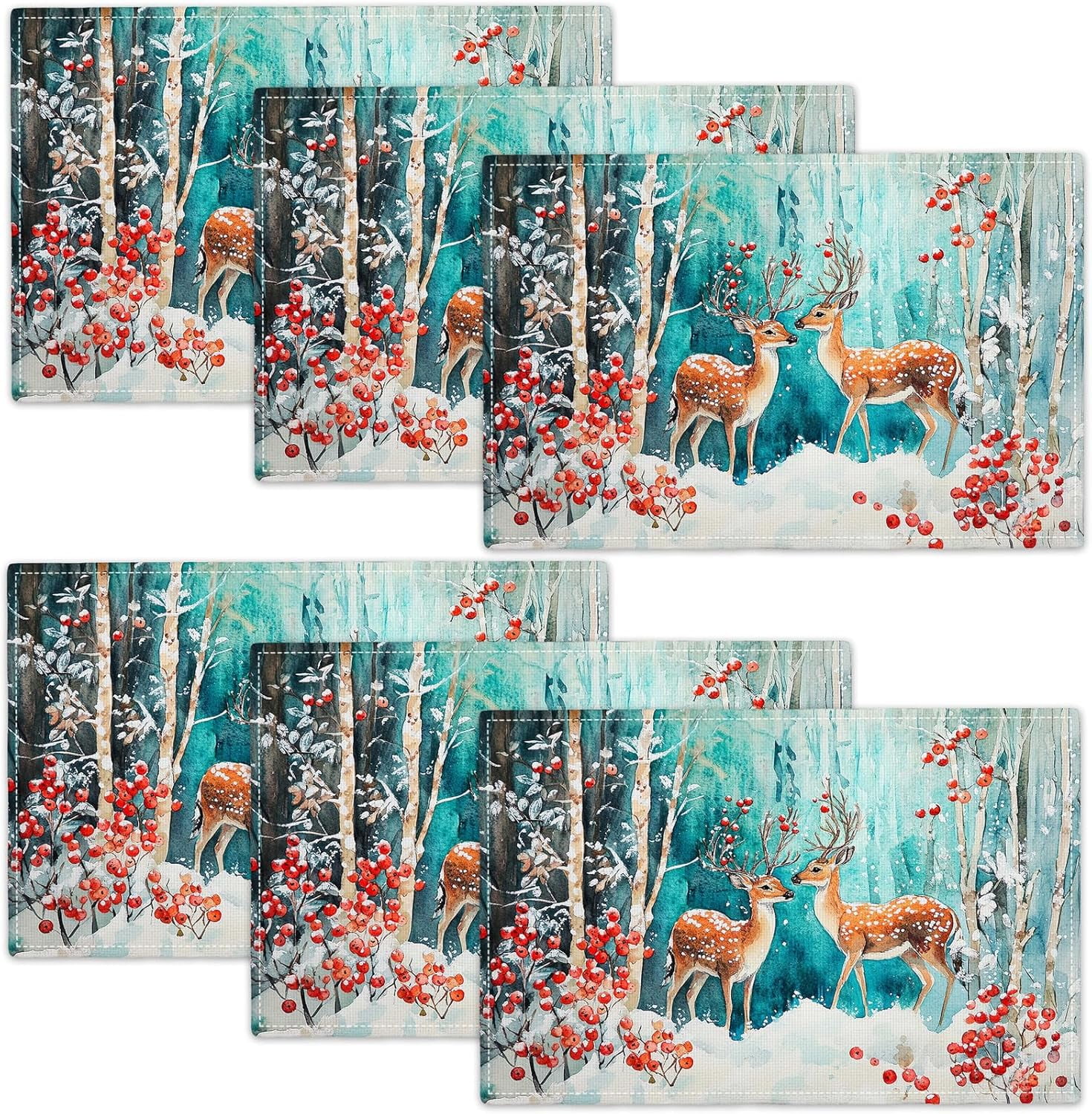 Deer Placemats Set of 6 Teal Turquoise Snowy Forest Table Mats Winter ...
