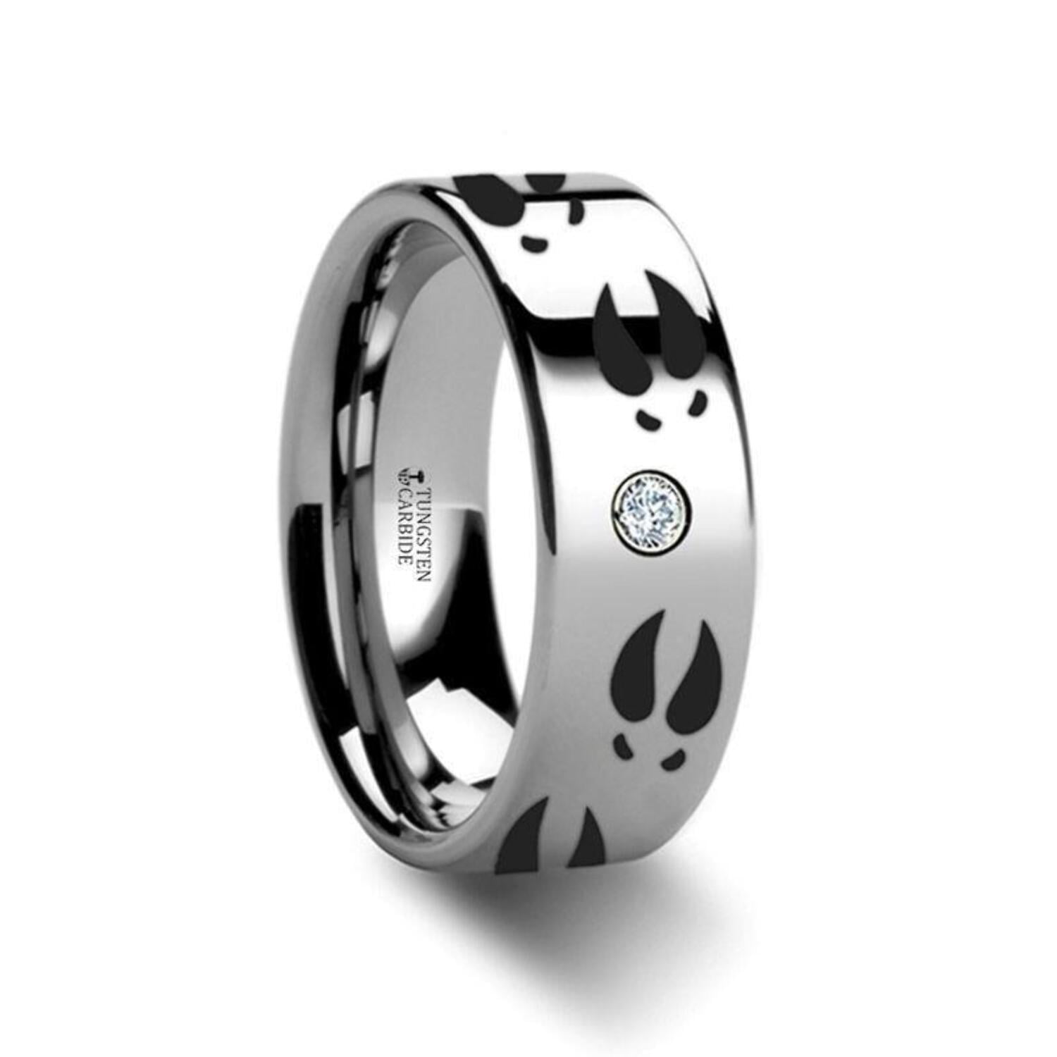 Deer Print Animal Track Ring Engraved Flat Tungsten Diamond Ring - 6mm ...