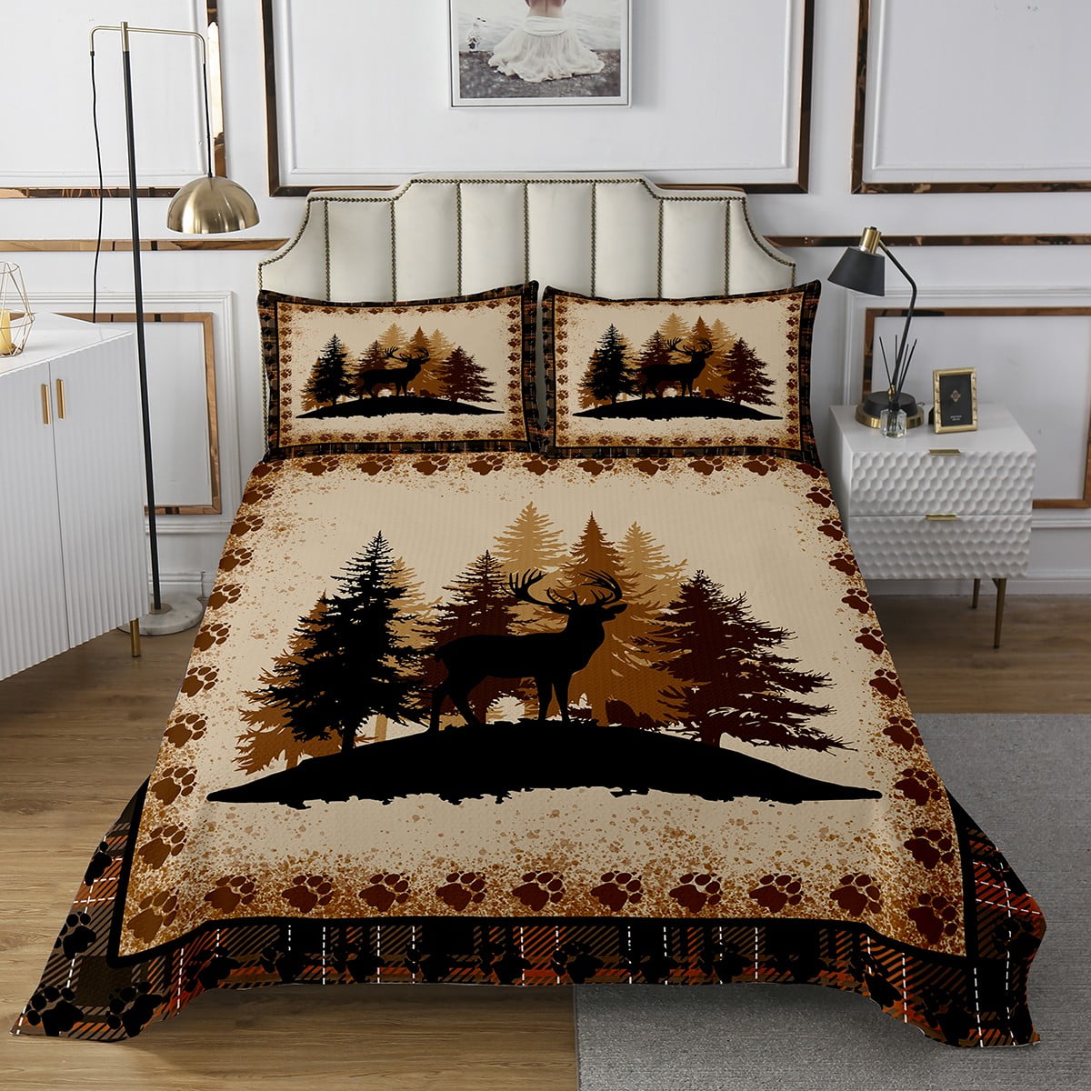 Deer Print Bedspread Rustic Farmstyle Twin Quilt Set Woodland Animal ...