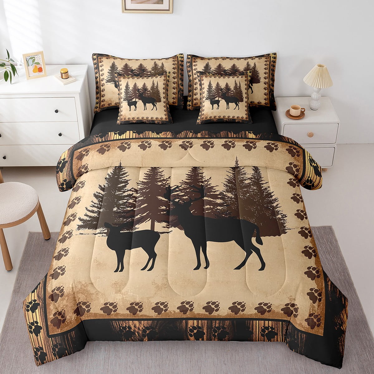 Deer Print Queen Bed in a Bag Animal Bedding Sets 7 Piece Deer Hunting ...