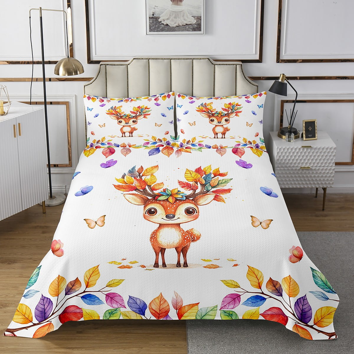 Deer Queen Bedspread Set Watercolor Animals Quilt Set, Woodland ...