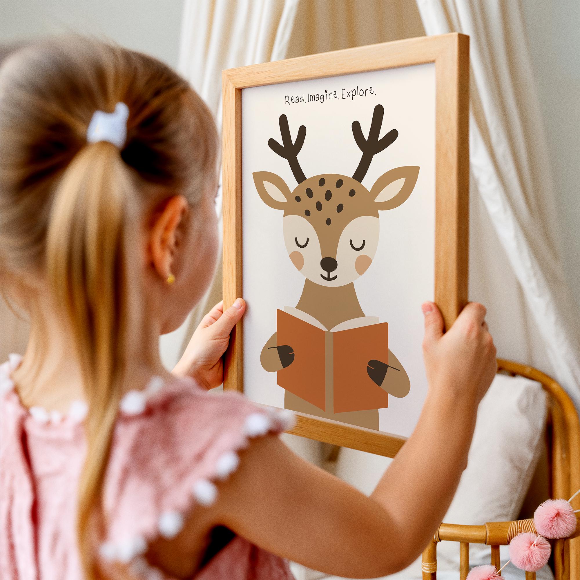 Deer Reading Poster: Whimsical Woodland Nursery Art Print UNFRAMED ...